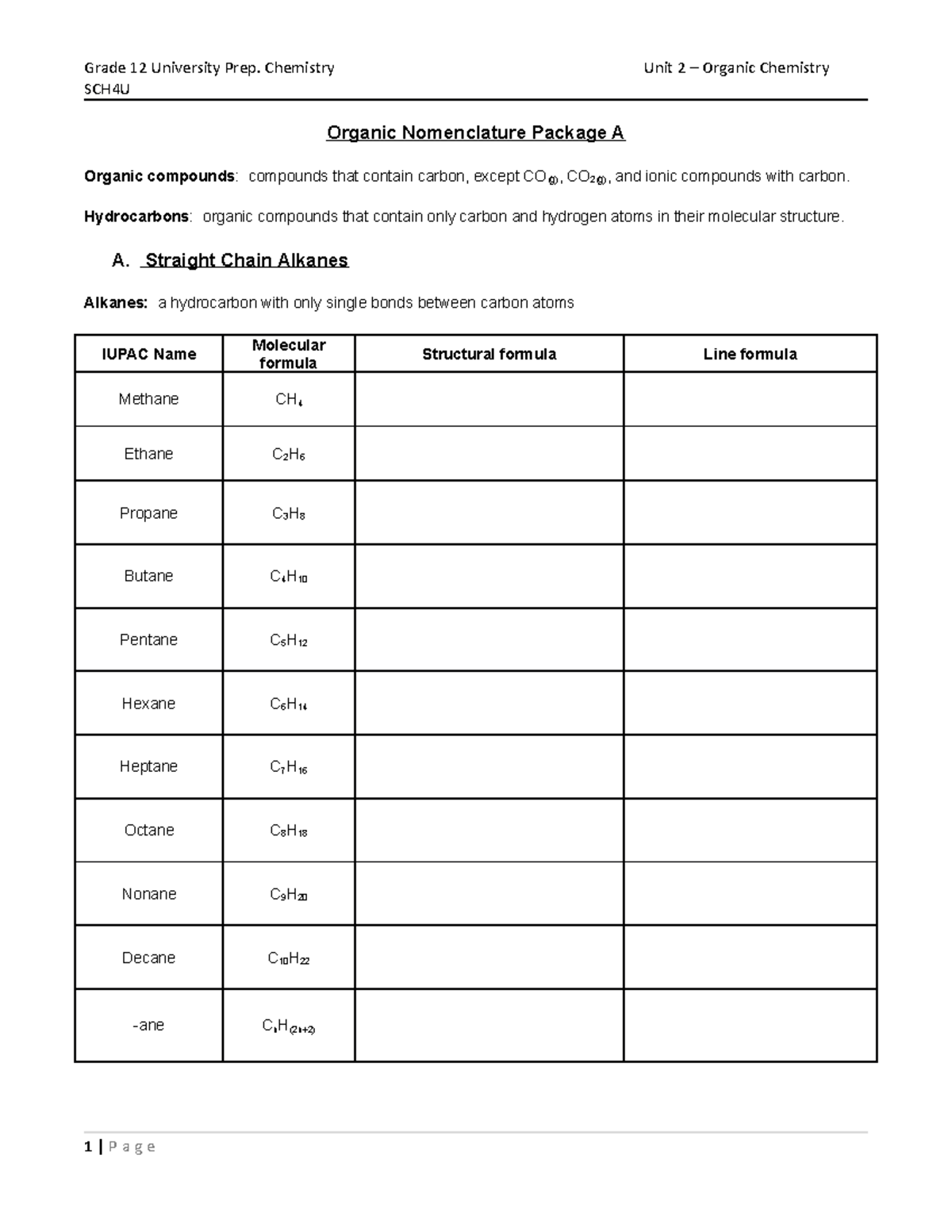 SCH 4U Nomenclature Package A 2018 - SCH4U Organic Nomenclature Package ...
