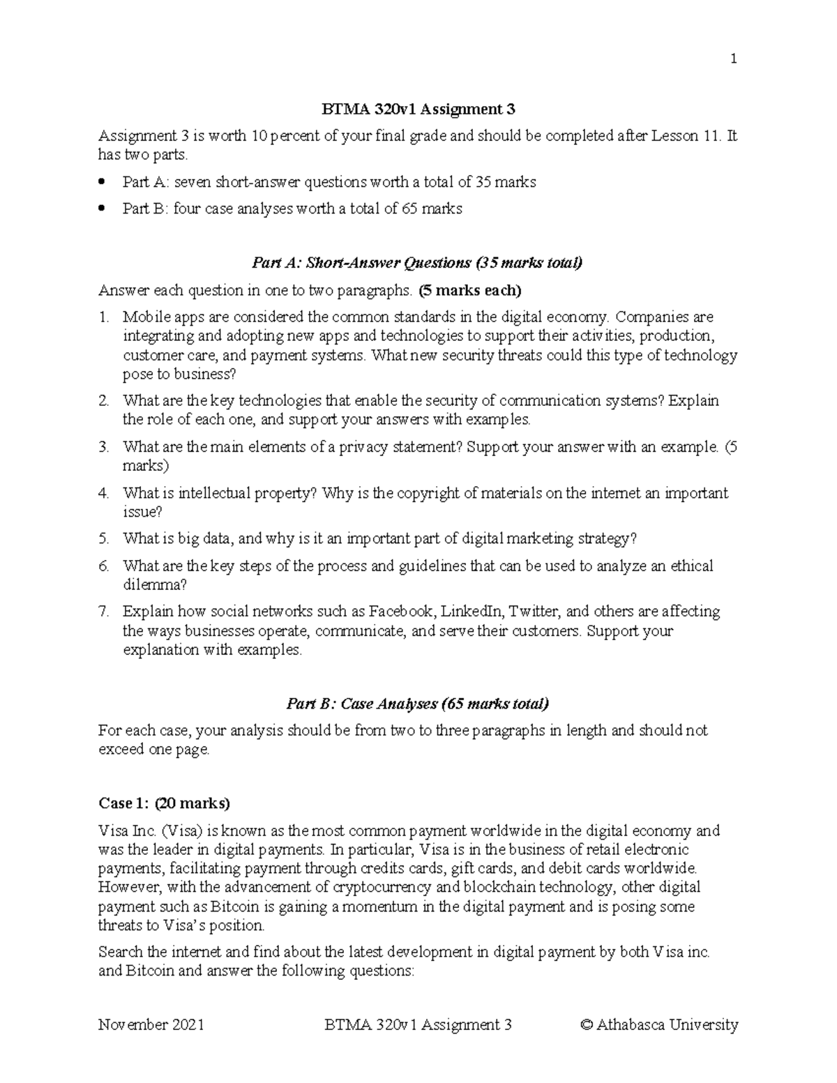 BTMA320v1 Assignment 3 - 1 BTMA 320v1 Assignment 3 Assignment 3 is ...