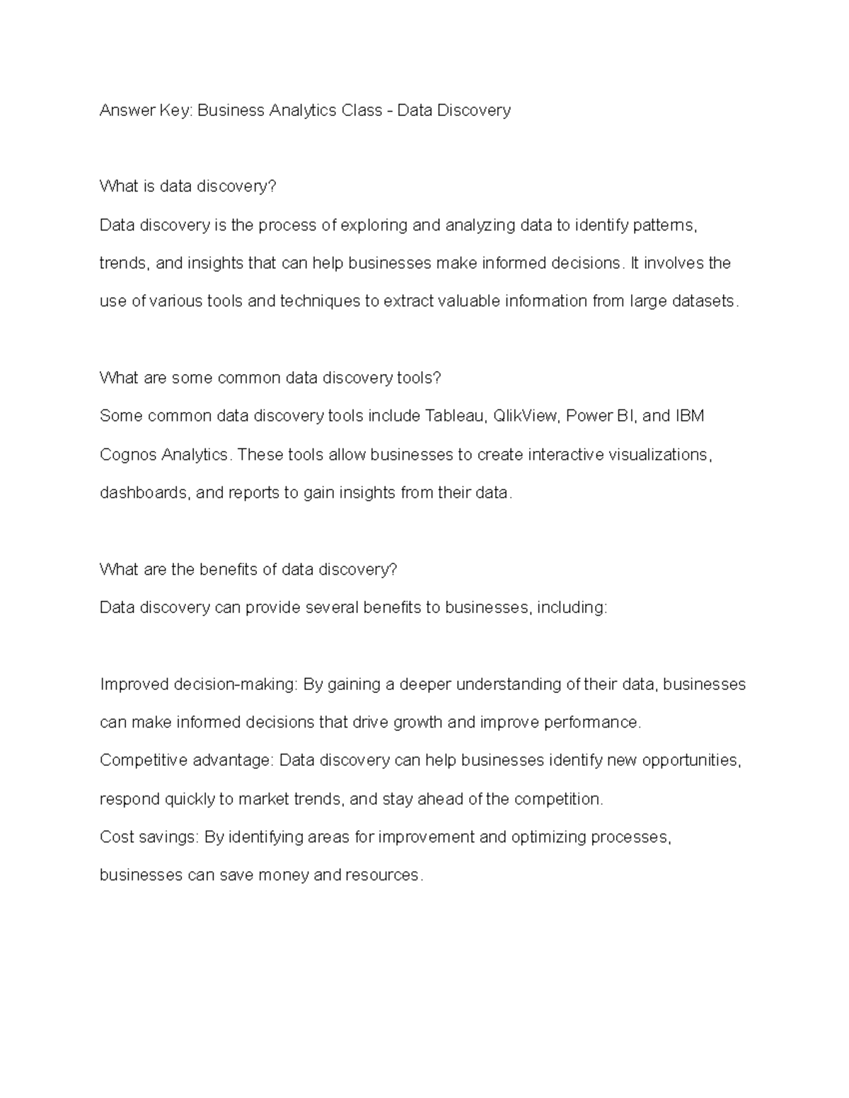 Answer Key Business Analytics Class - Data Discovery - It involves the ...