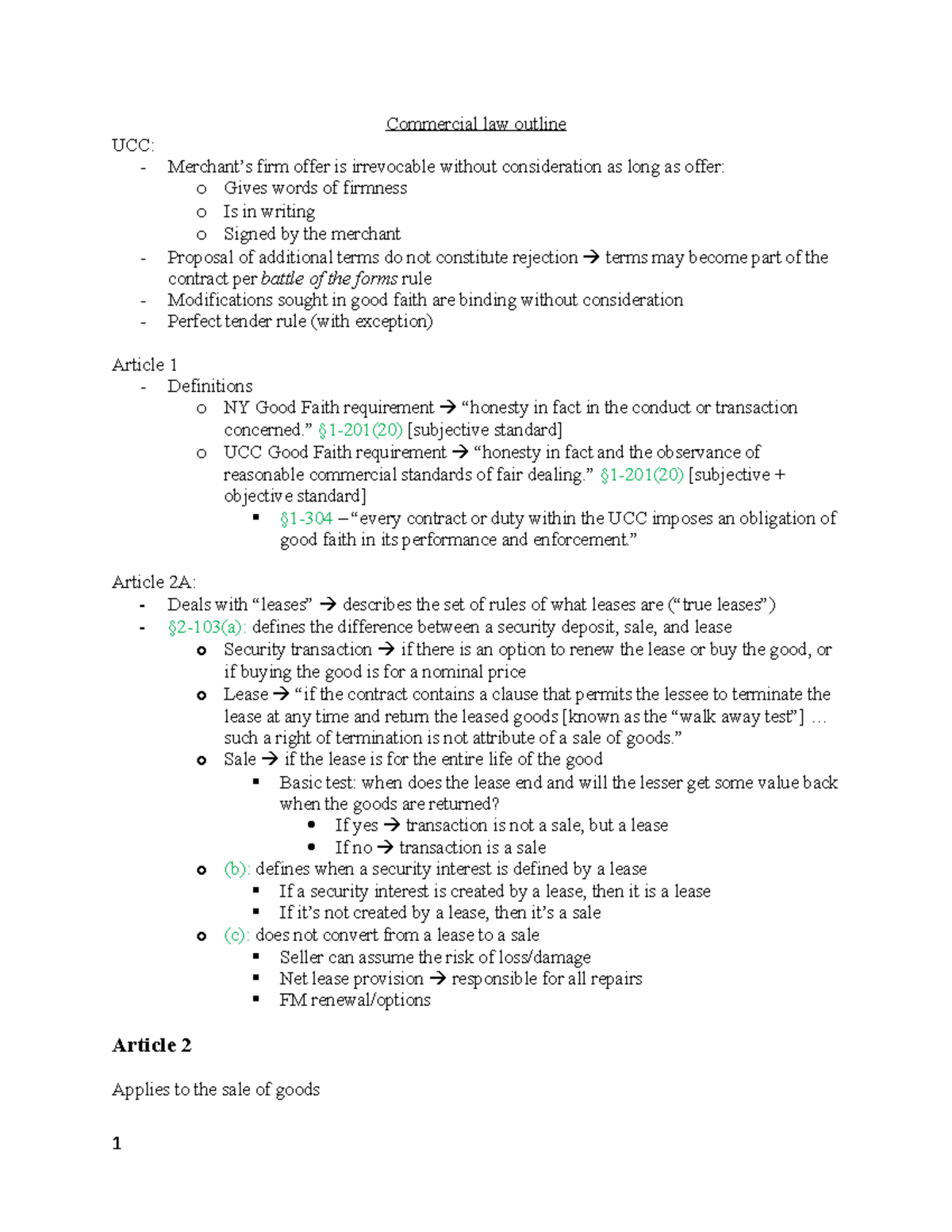 Commercial law outline - Commercial law outline UCC: Merchant’s firm ...