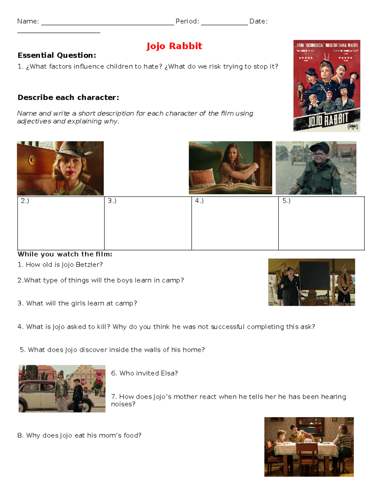 Jojo Rabbit - Movie Guide Questions - Name ...