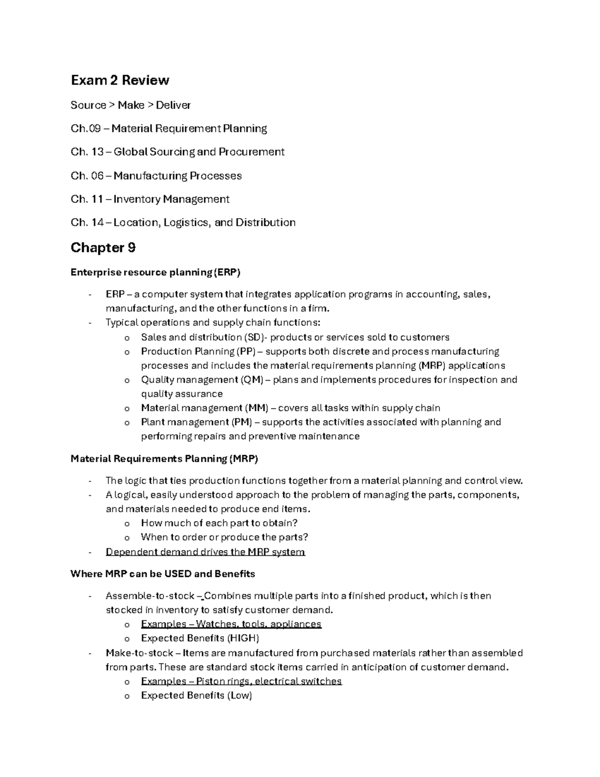 Chapters Review Guide Exam 2 - Exam 2 Review Source > Make > Deliver Ch ...