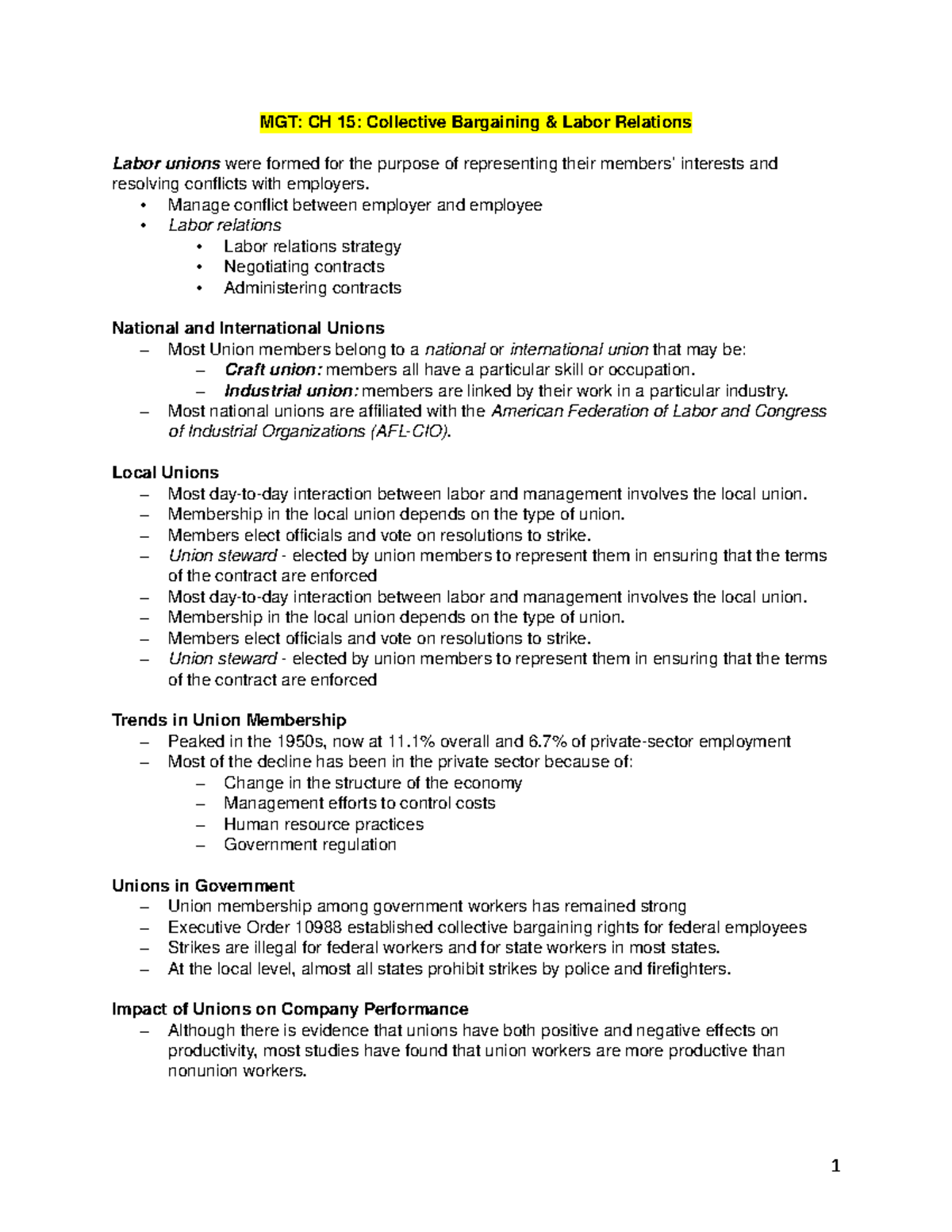 CH 15 - Lecture notes 15 - MGT: CH 15: Collective Bargaining & Labor ...