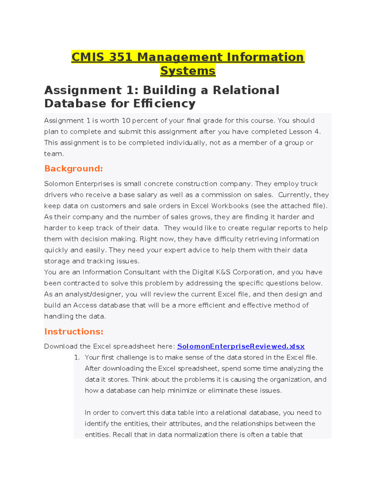 CMIS 351 Assignment 1 - CMIS 351 Management Information Systems Assignment 1: Building a ...
