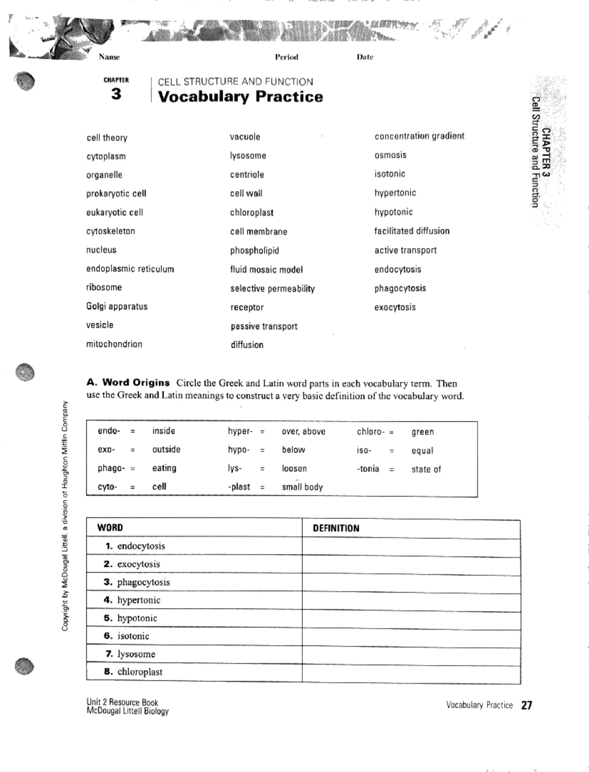 Cells & Transport Vocabulary Practice - Name Period Date CHAPTER CELL ...