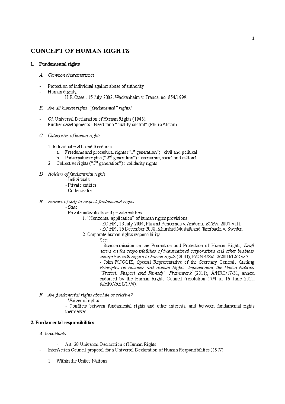 Concept OF Human Rights - CONCEPT OF HUMAN RIGHTS 1. Fundamental rights ...
