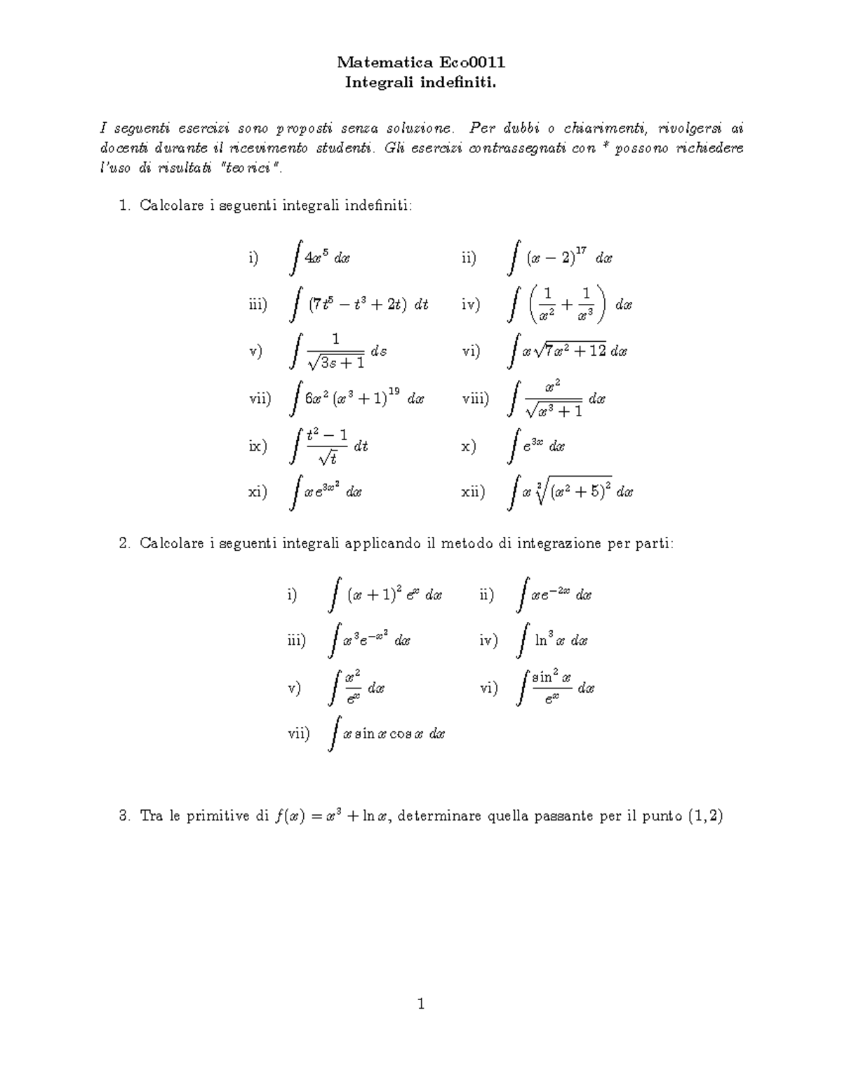 09 Calcolo integrale Primitive - Matematica Eco Integrali indeÖniti. I ...