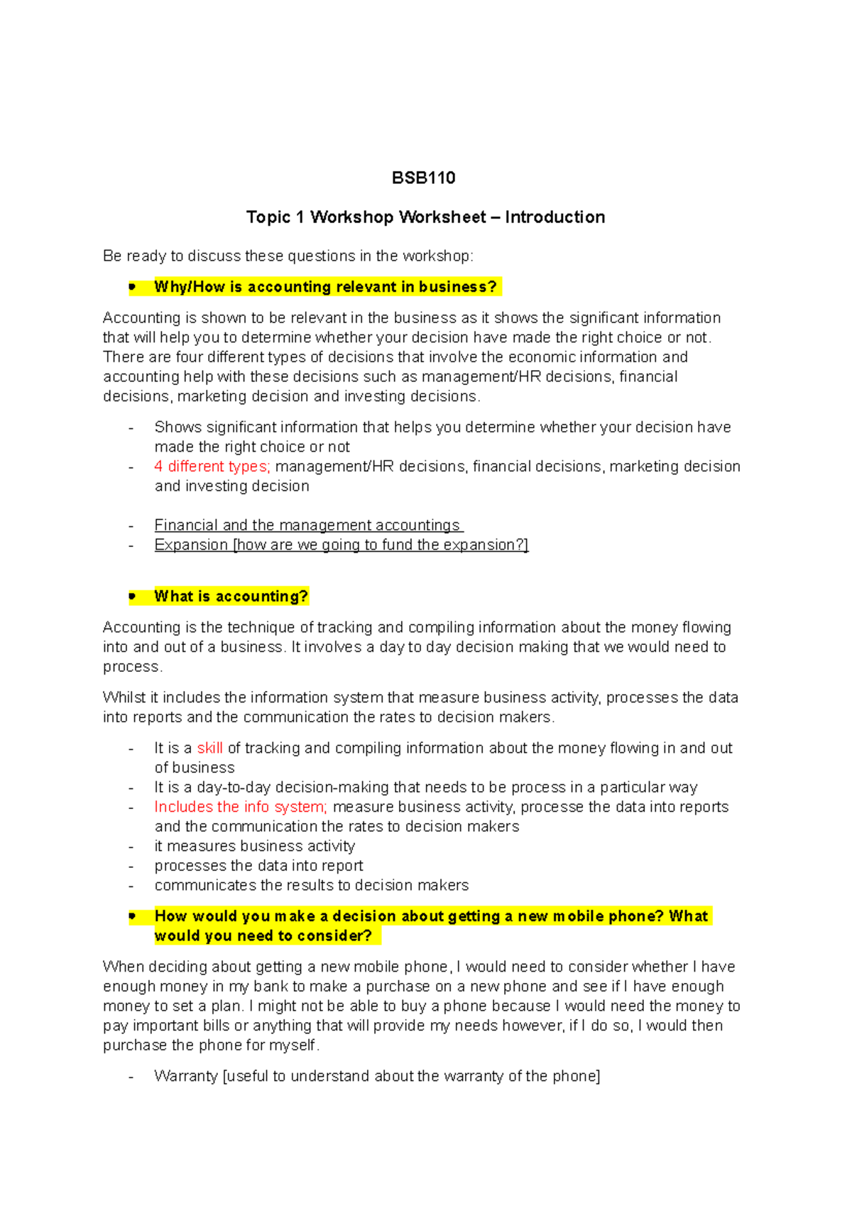 Workshop 1 - BSB Topic 1 Workshop Worksheet – Introduction Be ready to ...