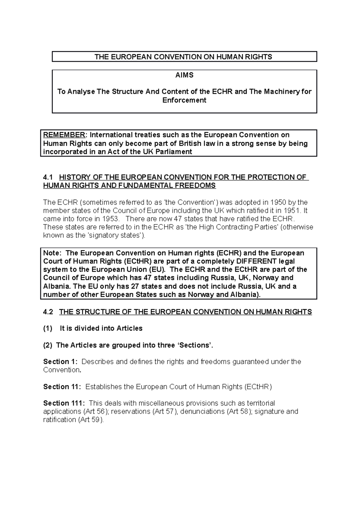Topic 5- ECHR and HRA - Lecture notes 5 - THE EUROPEAN CONVENTION ON ...