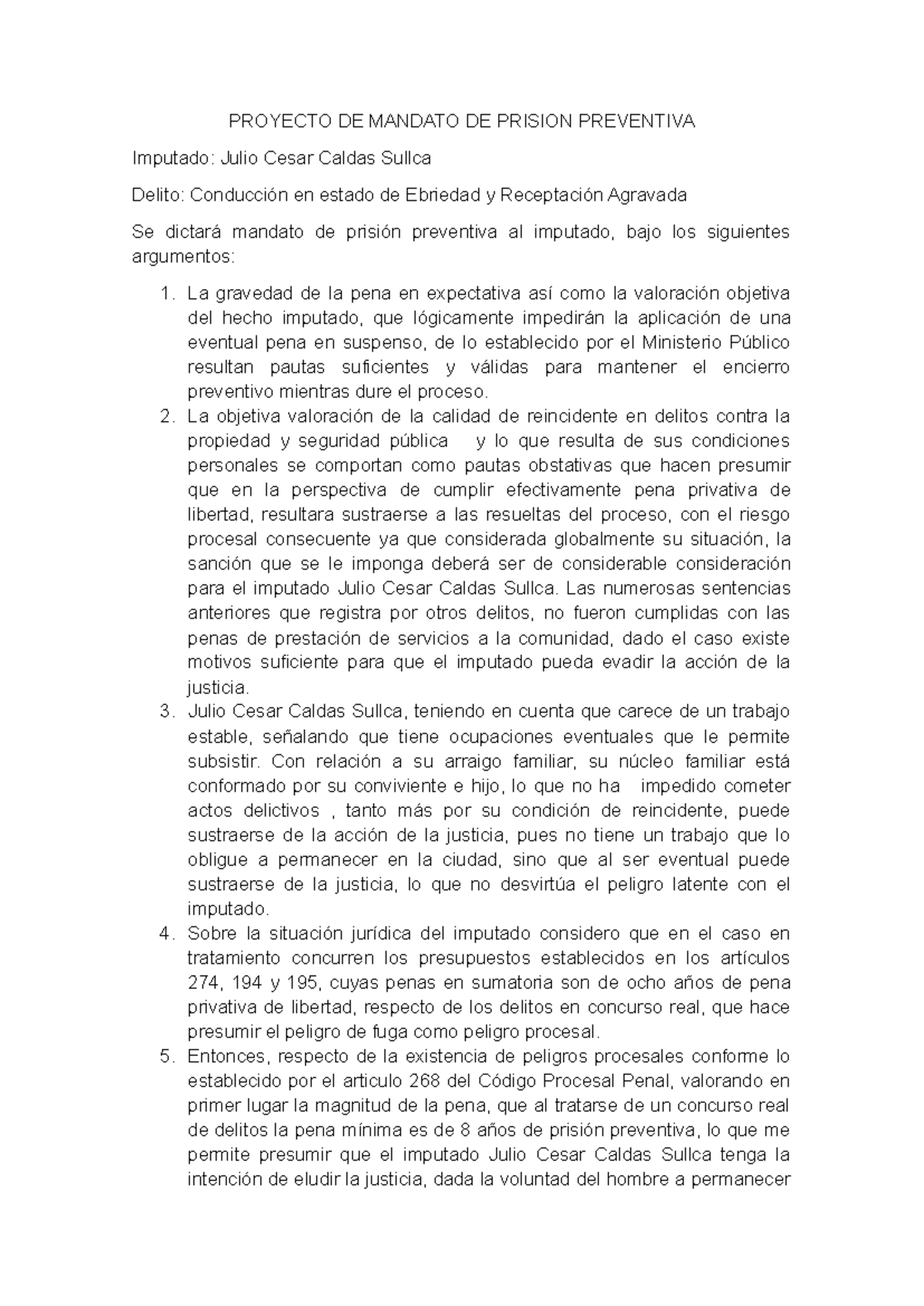 Proyecto DE Mandato DE Prision Preventiva - PROYECTO DE MANDATO DE ...