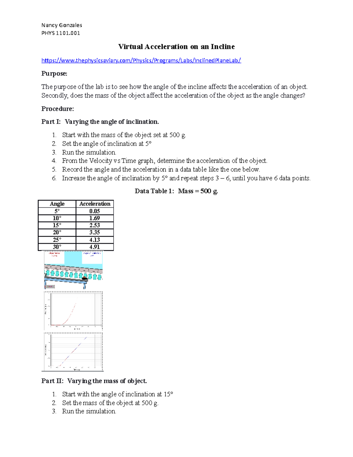 Lab 3- Virtual Acceleration on an Incline N. Gonzales - PHYS 1101 ...