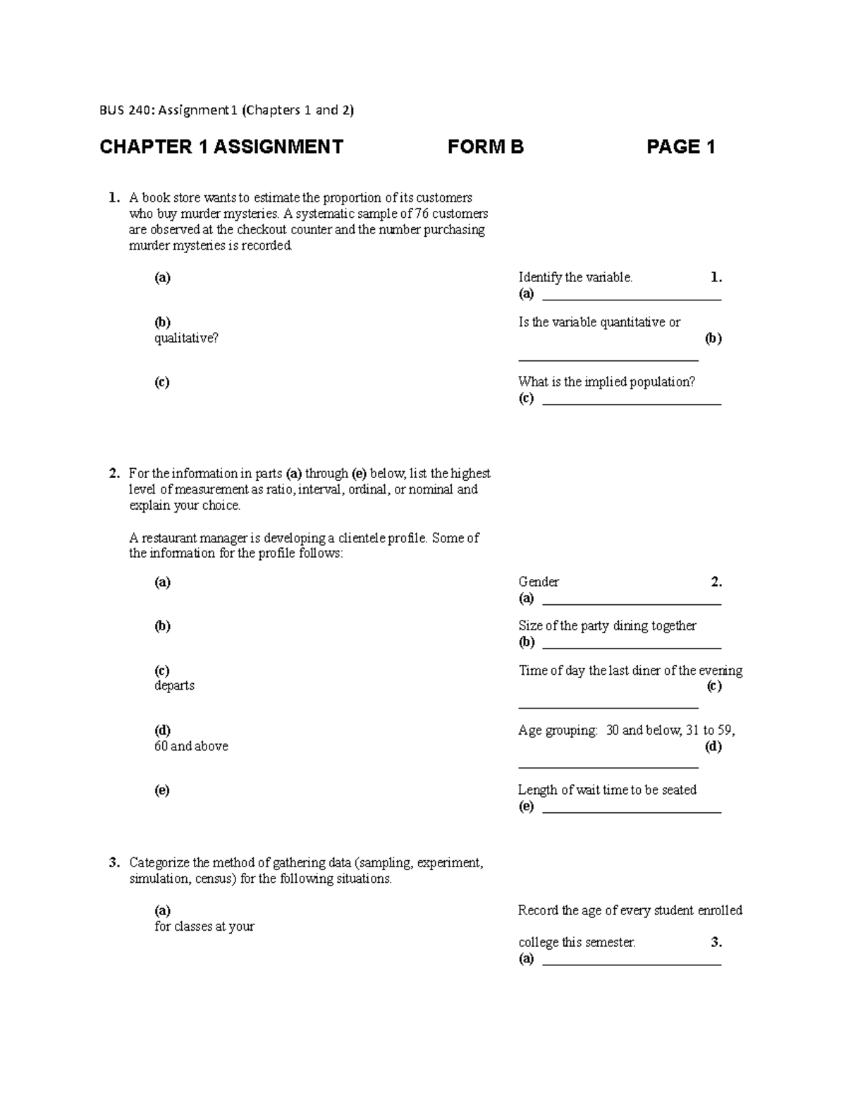 BUS 240Assignment 1 2 - None - BUS 240: Assignment1 (Chapters 1 and 2 ...