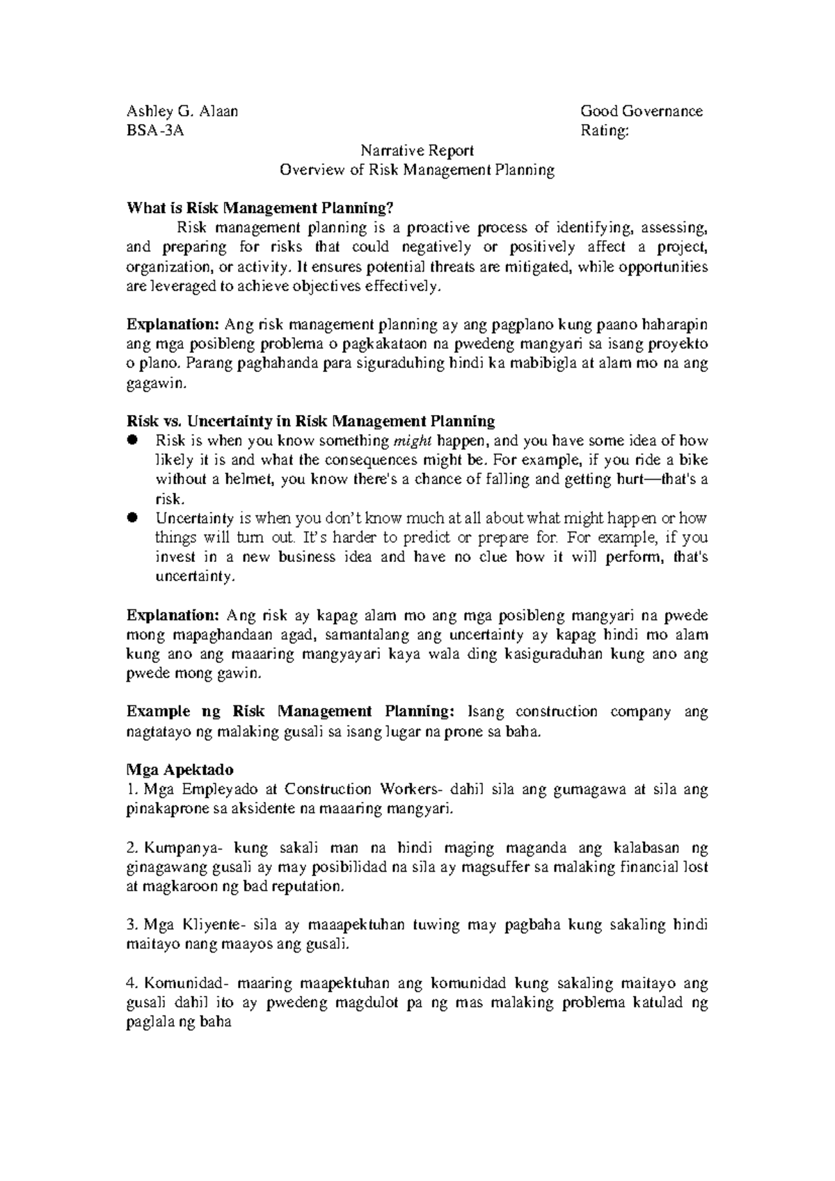 Lesson 7 Narrative Risk Management - Ashley G. Alaan Good Governance ...