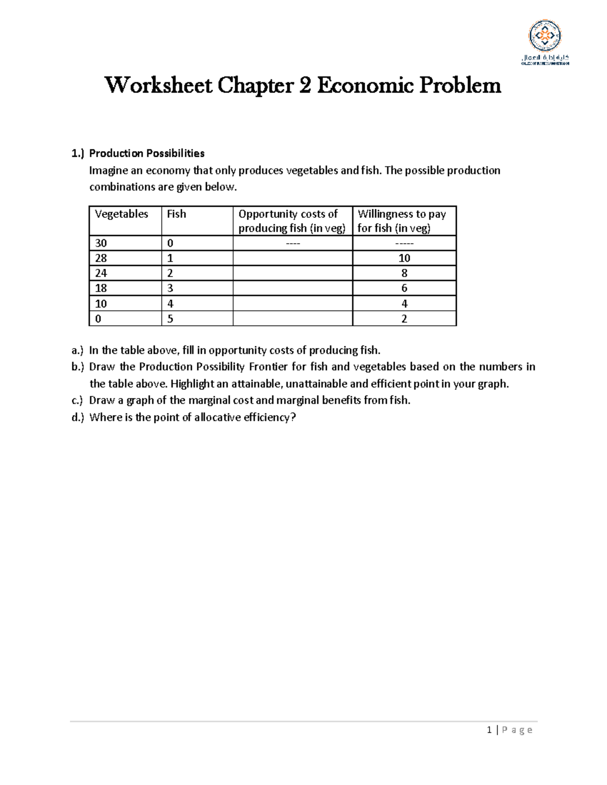 Chapter 2 Economic Problem Worksheet - Worksheet Chapter 2 Economic ...