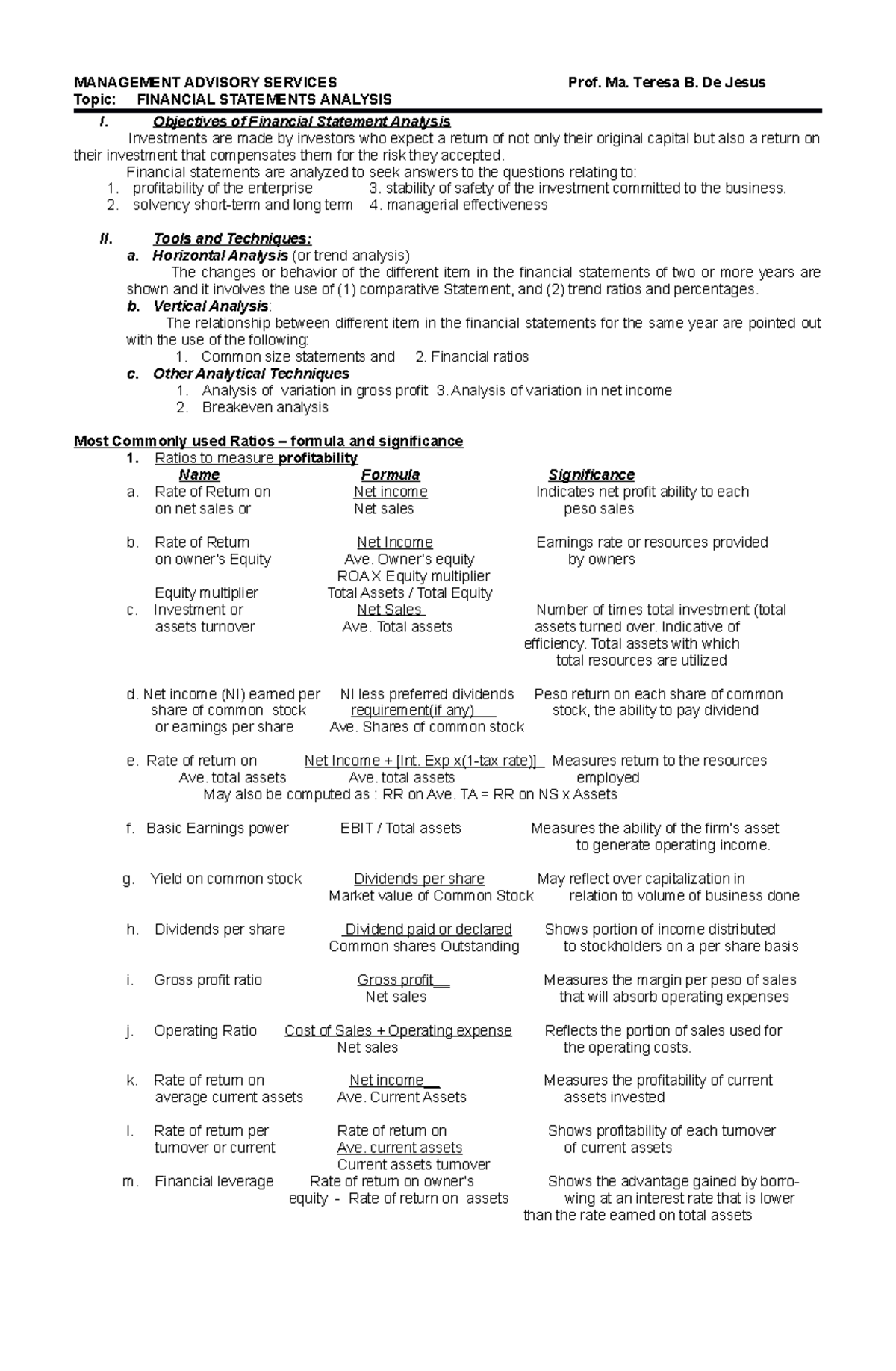 FA-Analysis-Illustration - MANAGEMENT ADVISORY SERVICES Prof. Ma ...