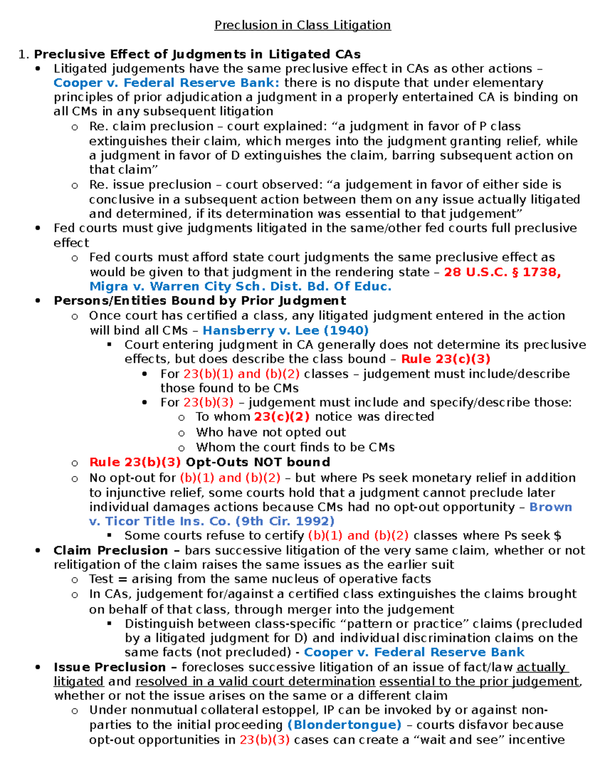 Preclusion in Class Litigation Outline - Preclusion in Class Litigation ...
