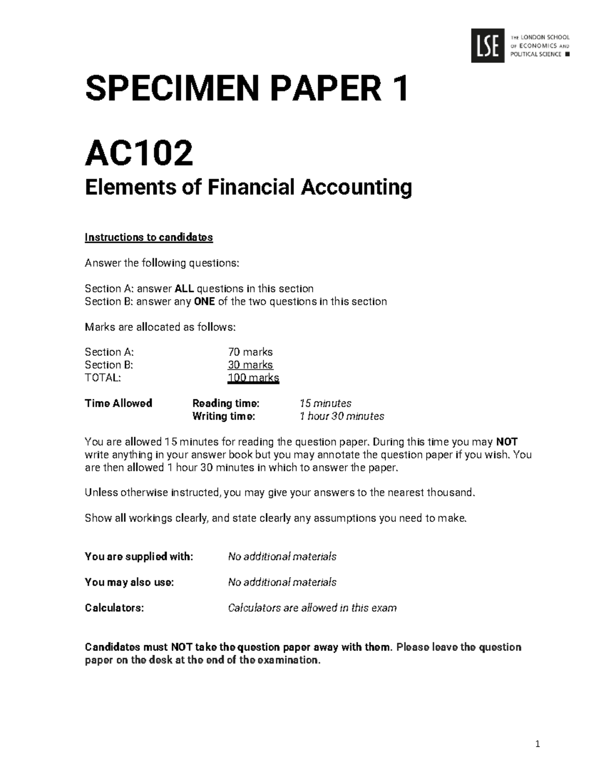 AC102 Specimen Paper 1 - acc - SPECIMEN PAPER 1 AC Elements of ...