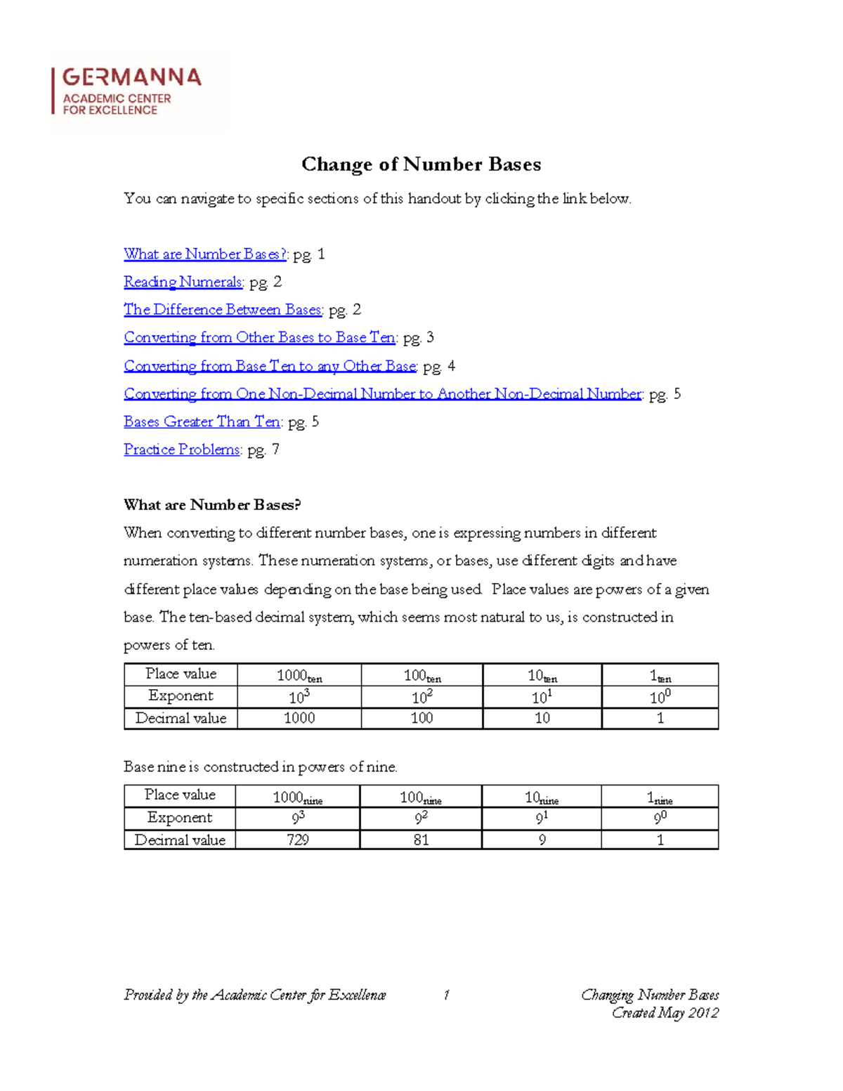Change of Number Bases - Maths - Provided by the Academic Center for ...