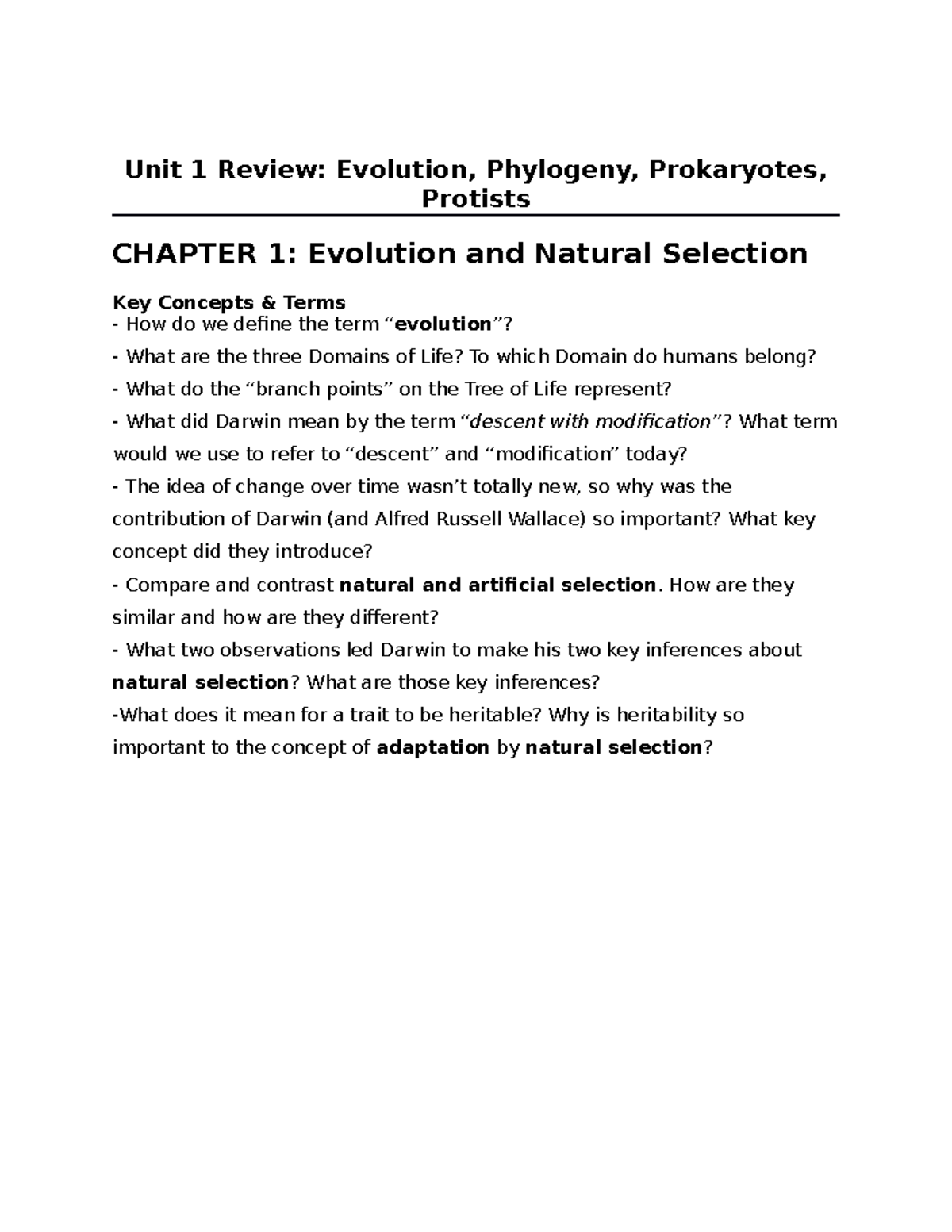 102 Unit 1 Study Guide - Unit 1 Review: Evolution, Phylogeny ...