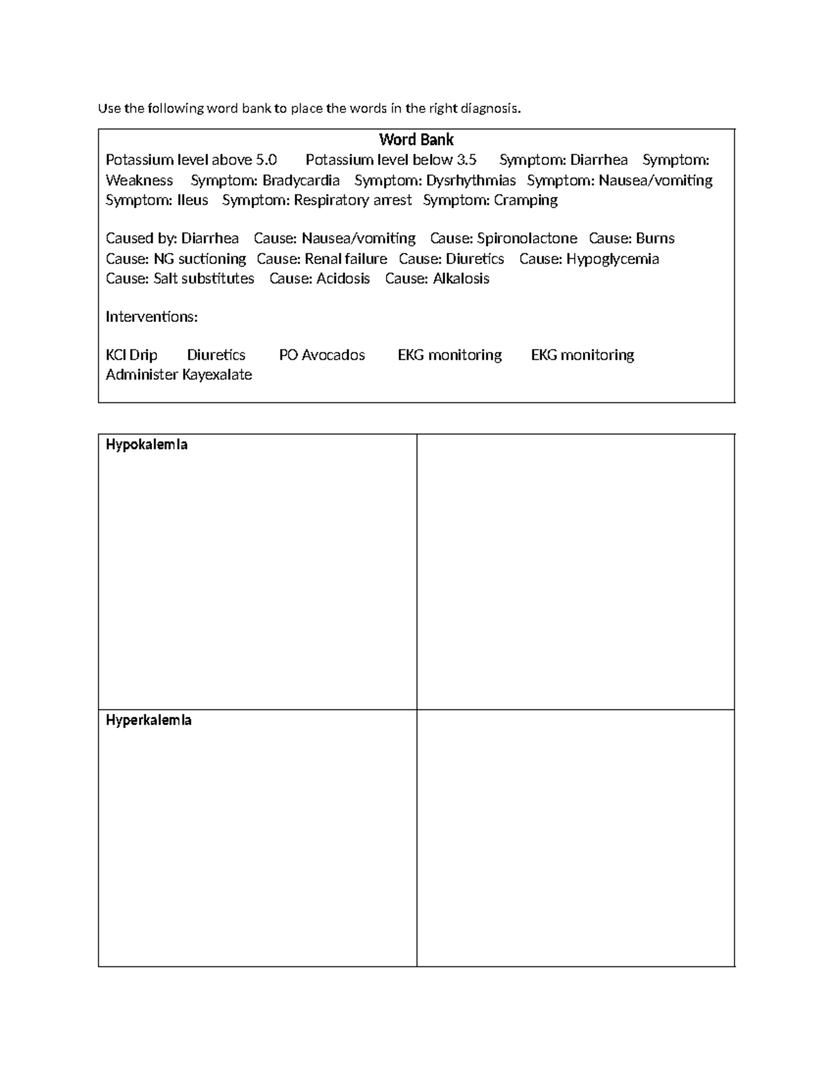 Electrolytes and ABG Practice Blank - Use the following word bank to ...