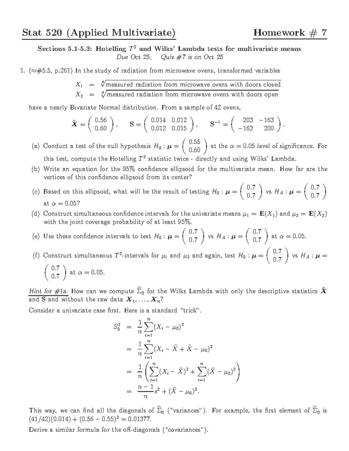 Homework 7 - Hotelling T2 and Wilk's Lambda test for multivariate means ...
