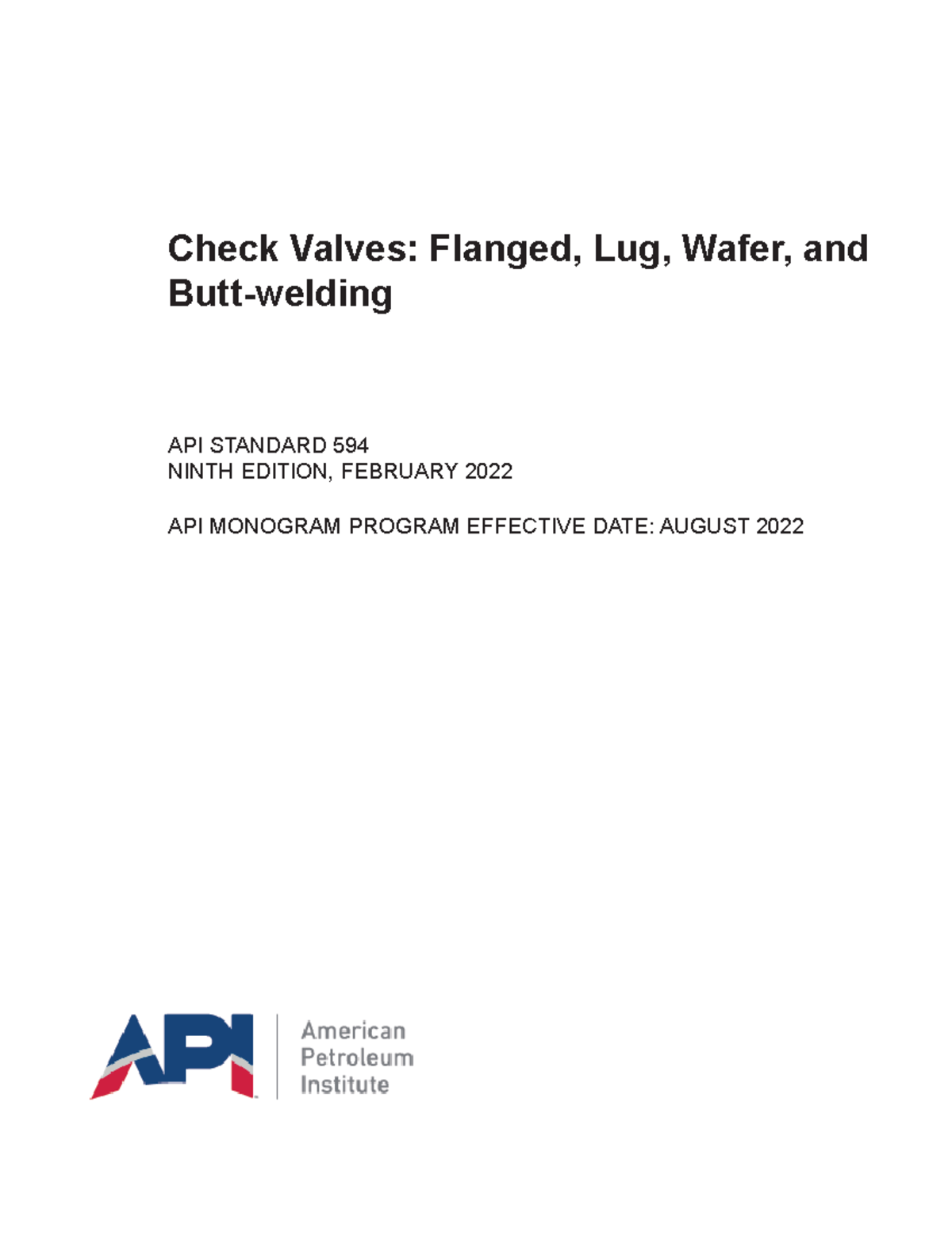 API 594 2022 - Check Valves: Flanged, Lug, Wafer, and Butt-welding API ...