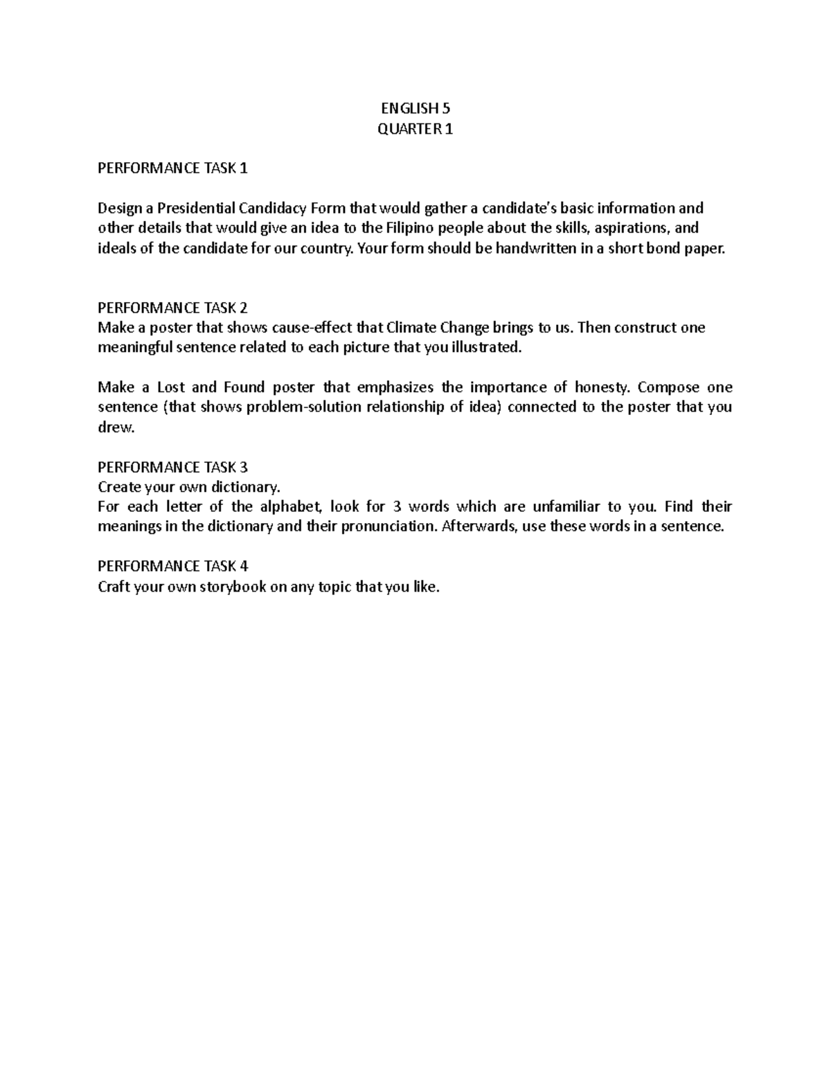 PT - performance tasks for English 5 - ENGLISH 5 QUARTER 1 PERFORMANCE ...