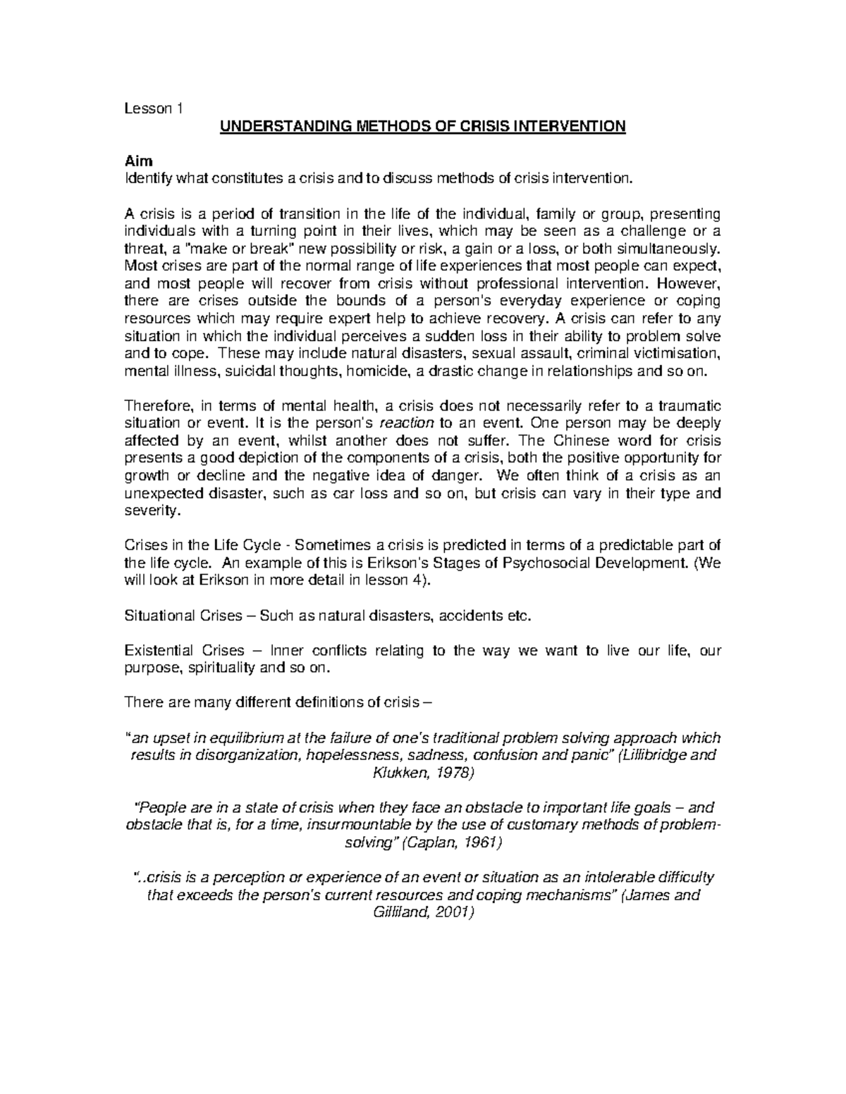 Lesson Crisis counselling - Lesson 1 UNDERSTANDING METHODS OF CRISIS ...