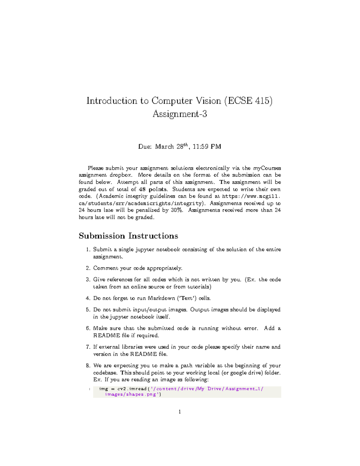 ECSE415 Assignment 3 W2022 - Introduction to Computer Vision (ECSE 415) Assignment- Due: March ...