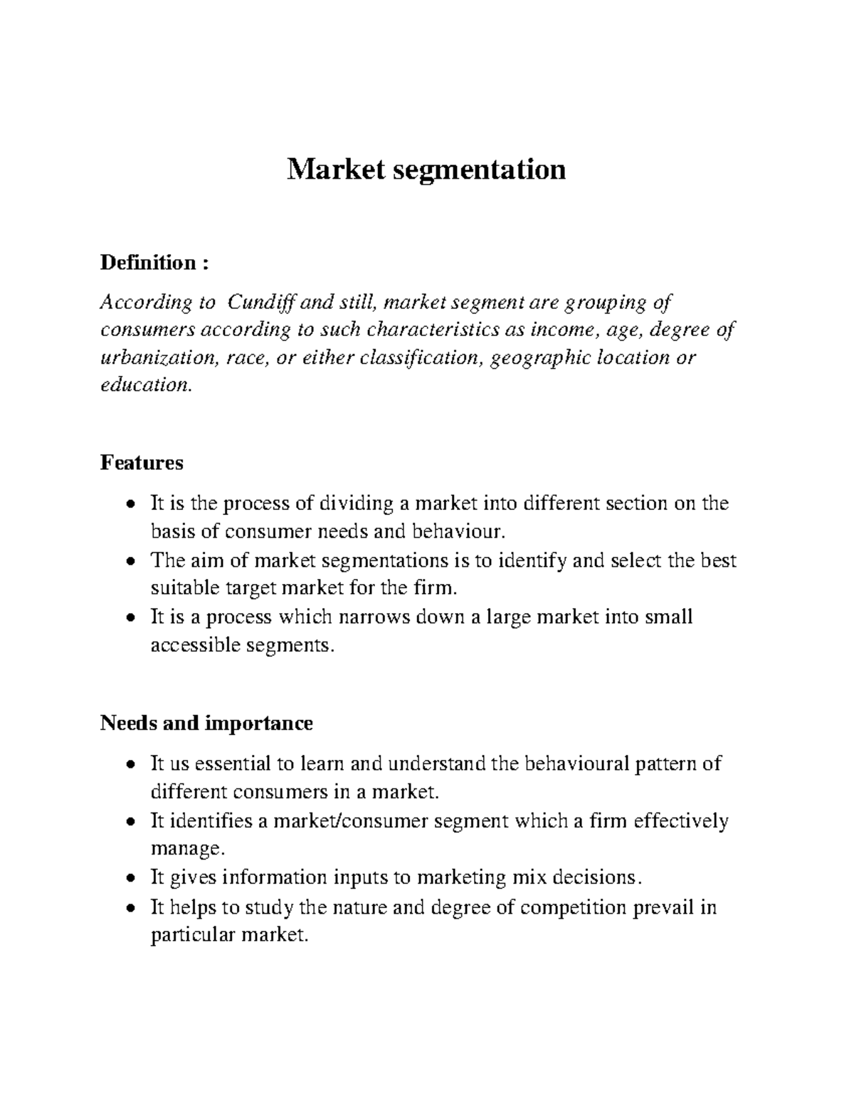 Market Segmentation Market Segmentation Definition According To Cundiff And Still Market