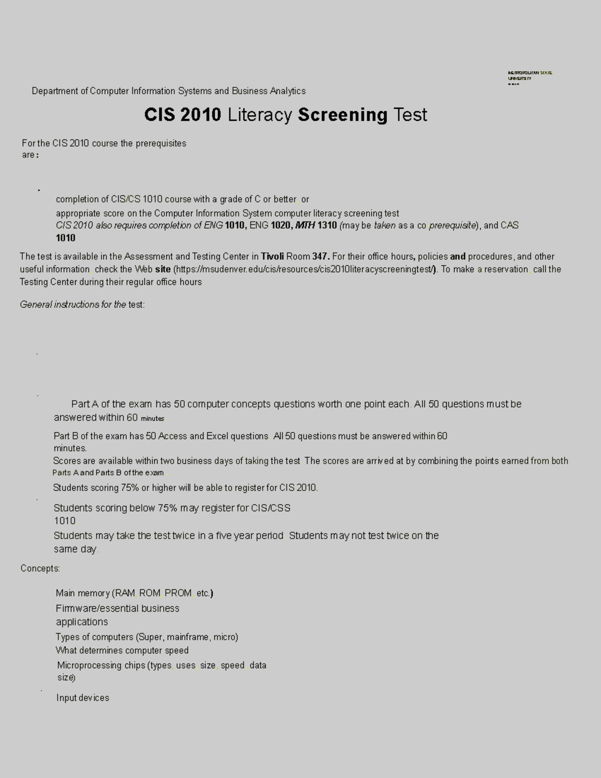 CIS 1010 test outline - METROPOLITAN UNIVERSITY STATE OF DENVE ...