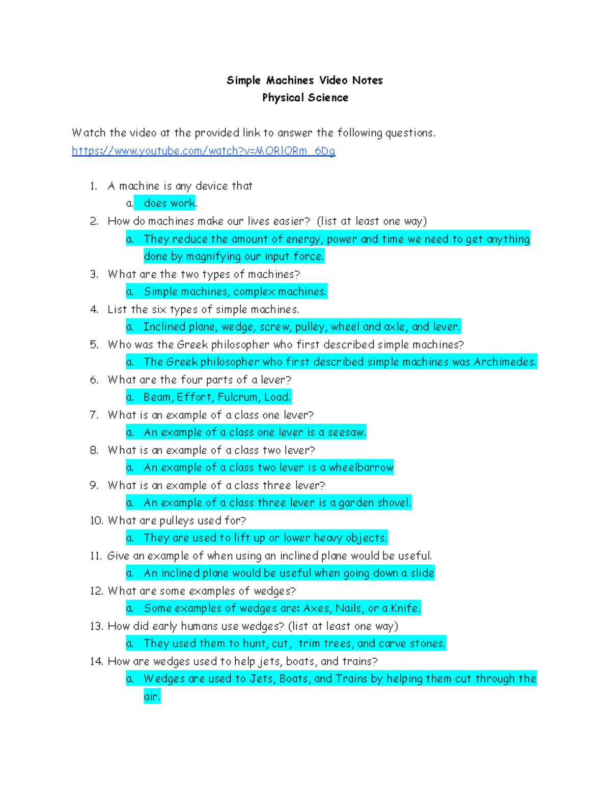 Simple Machines Video Notes - Simple Machines Video Notes Physical ...