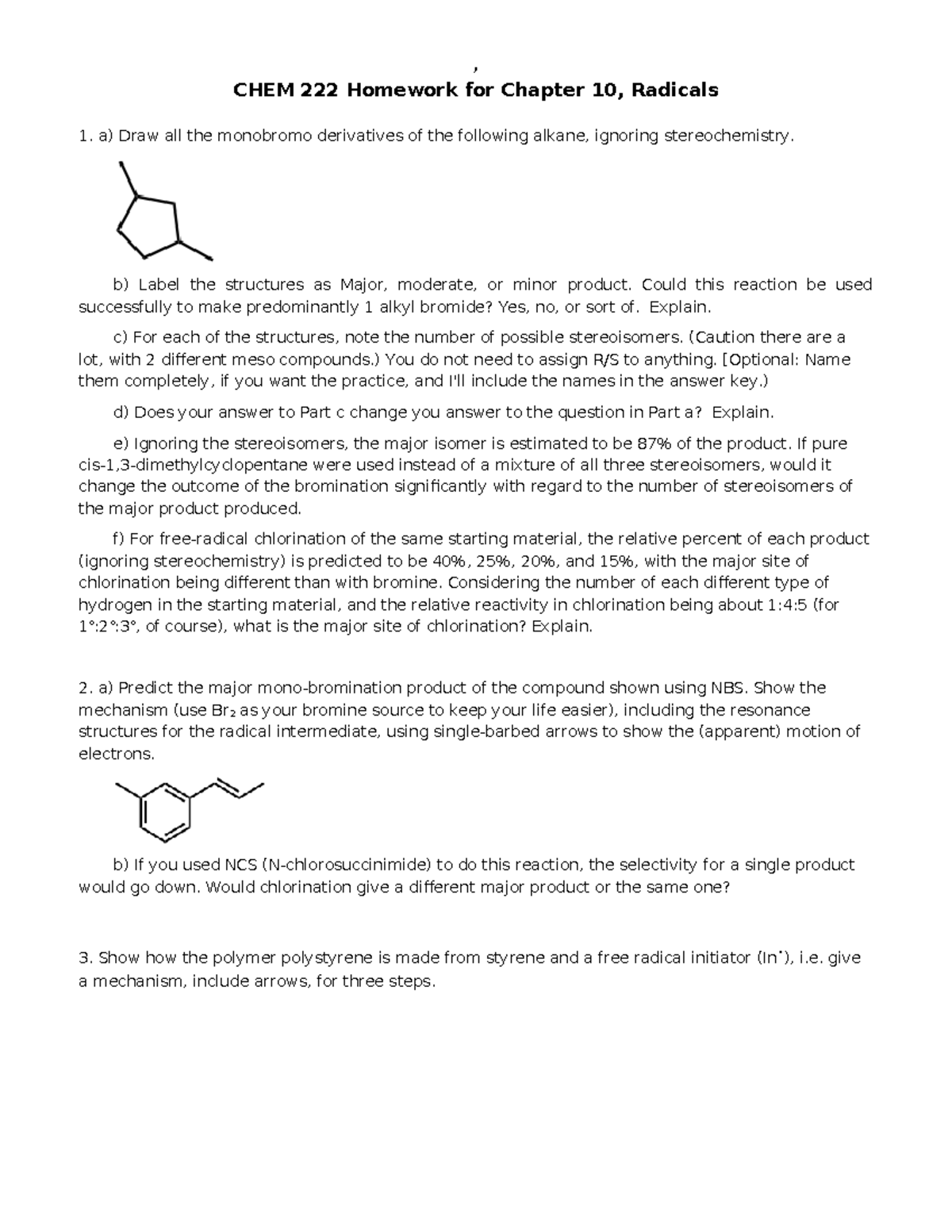 CHEM 222 Chap 10 Radicals HW F21 cor - , CHEM 222 Homework for Chapter ...
