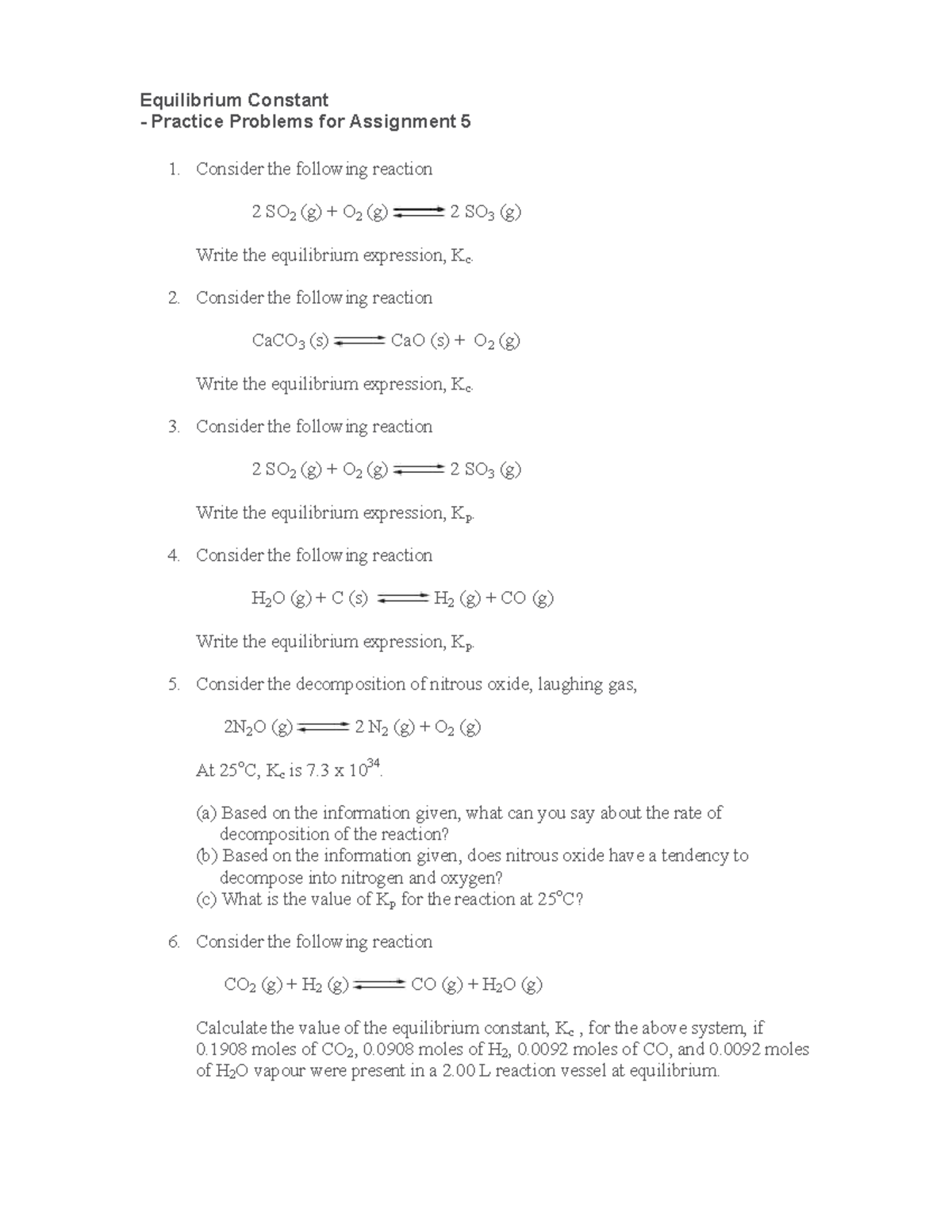 Equilibrium problems - Equilibrium Constant Practice Problems for ...