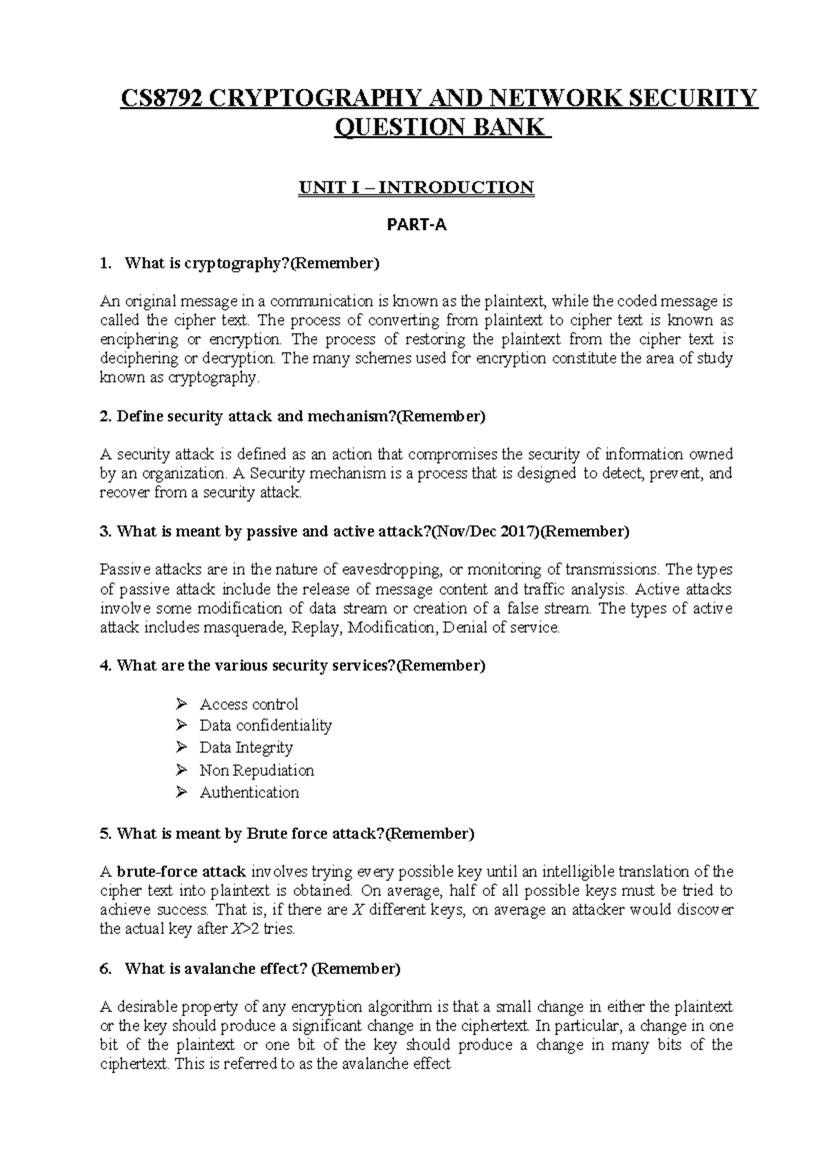 Important PART A & PART B Questions WITH Answer - CS8792 CRYPTOGRAPHY AND NETWORK SECURITY ...