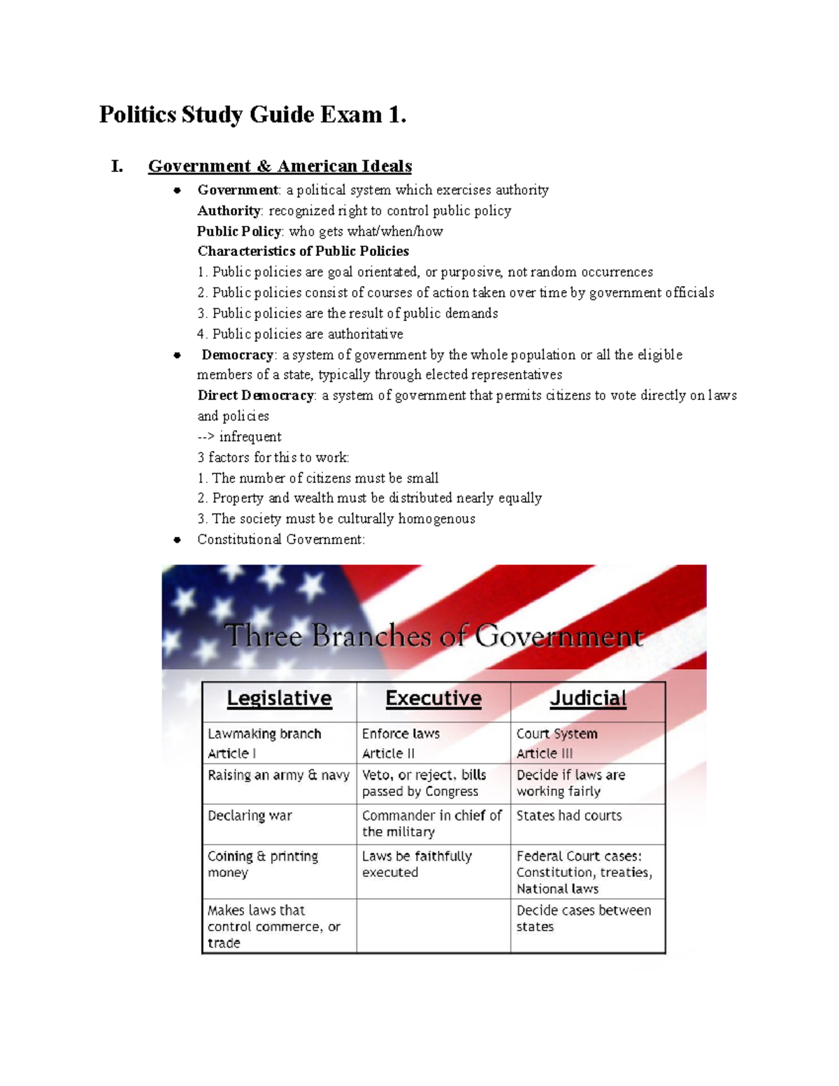Politics midterm - Politics Study Guide Exam 1. I. Government American ...