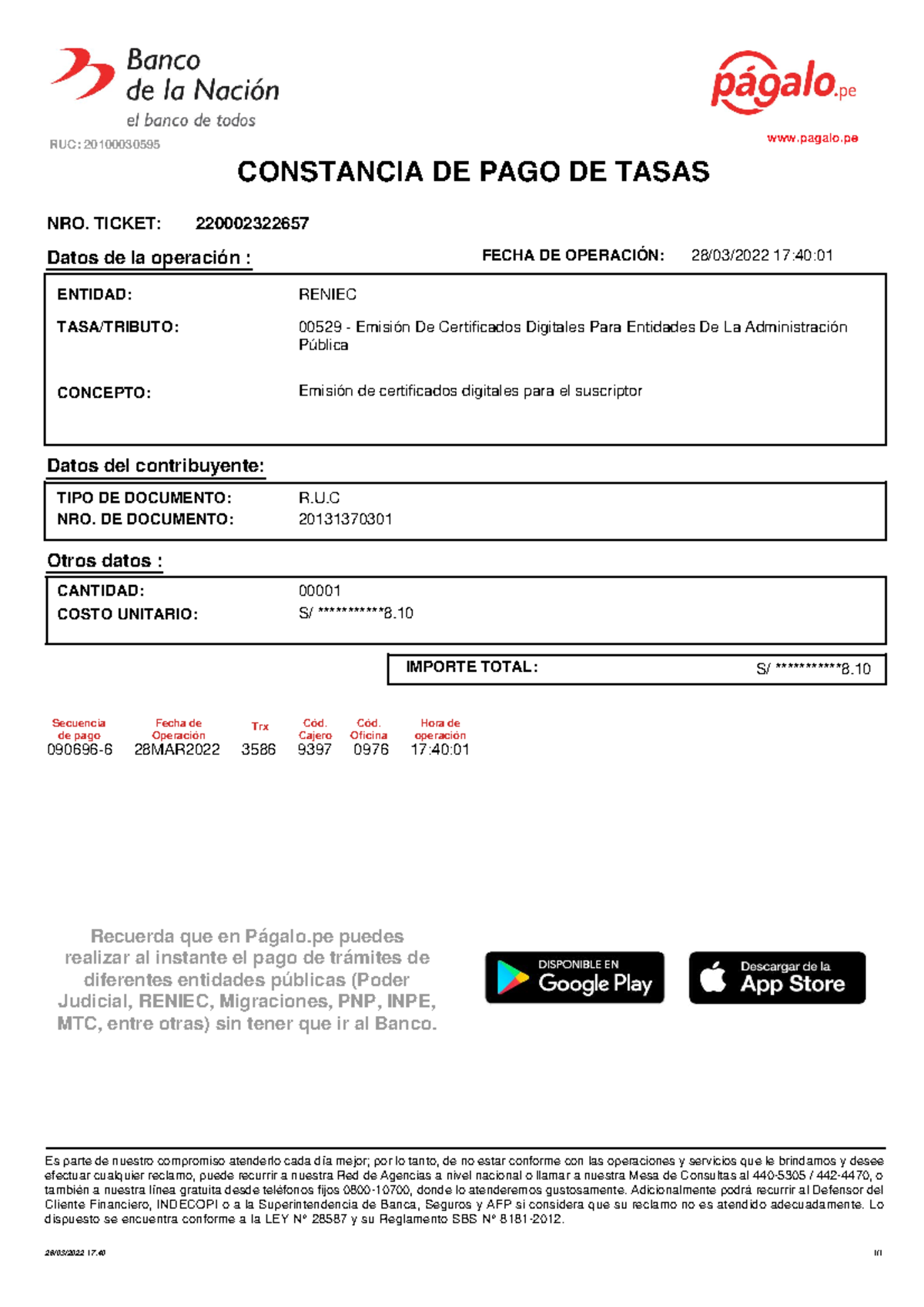 Voucher PAGO 42596423 - estudiar para poder aprobar con exito - CONSTANCIA DE PAGO DE TASAS ...