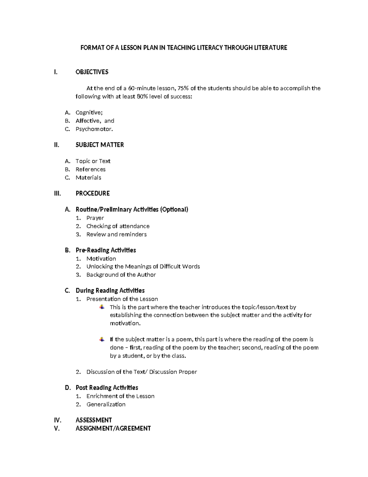 Format OF A Lesson PLAN IN Teaching Literacy Through Literature ...