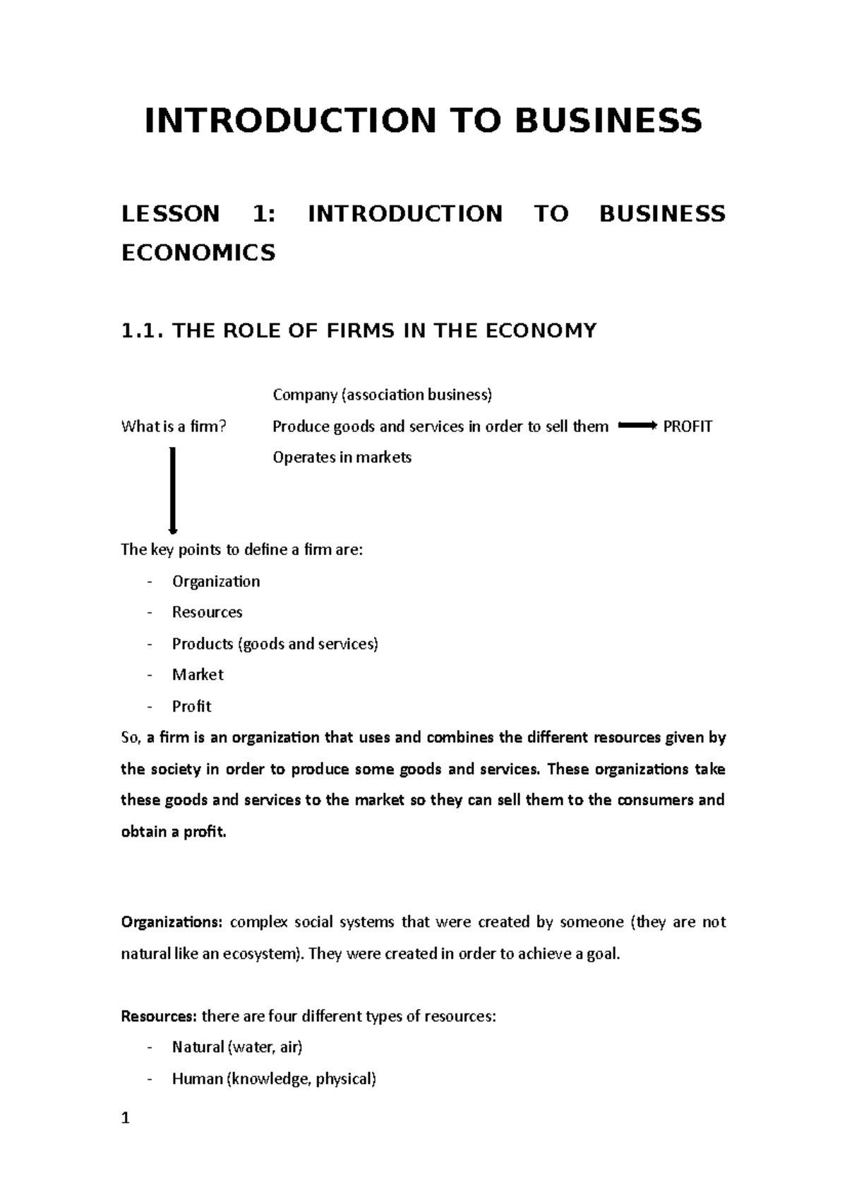 Introduction to business 1º ADE - INTRODUCTION TO BUSINESS LESSON 1 ...