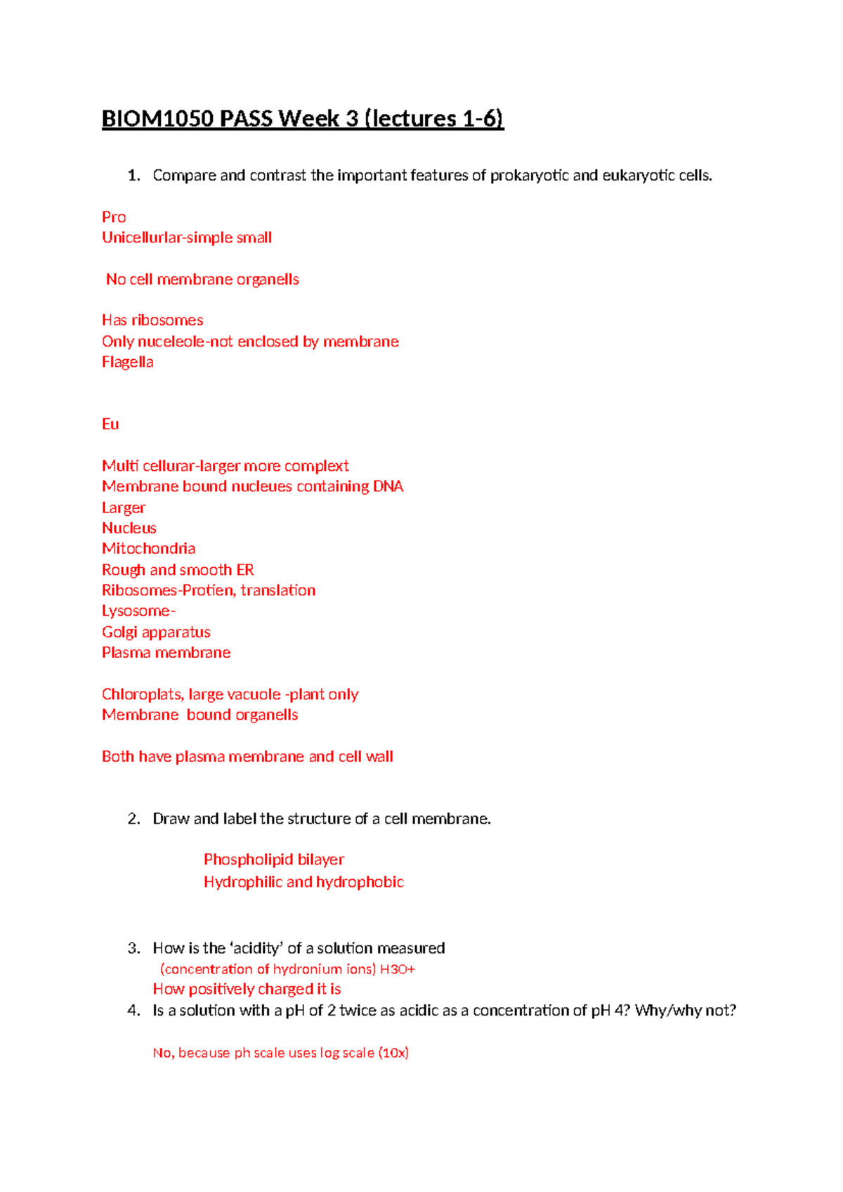 2023 Pass week 3 Questions - BIOM1050 PASS Week 3 (lectures 1-6) Compare and contrast the ...