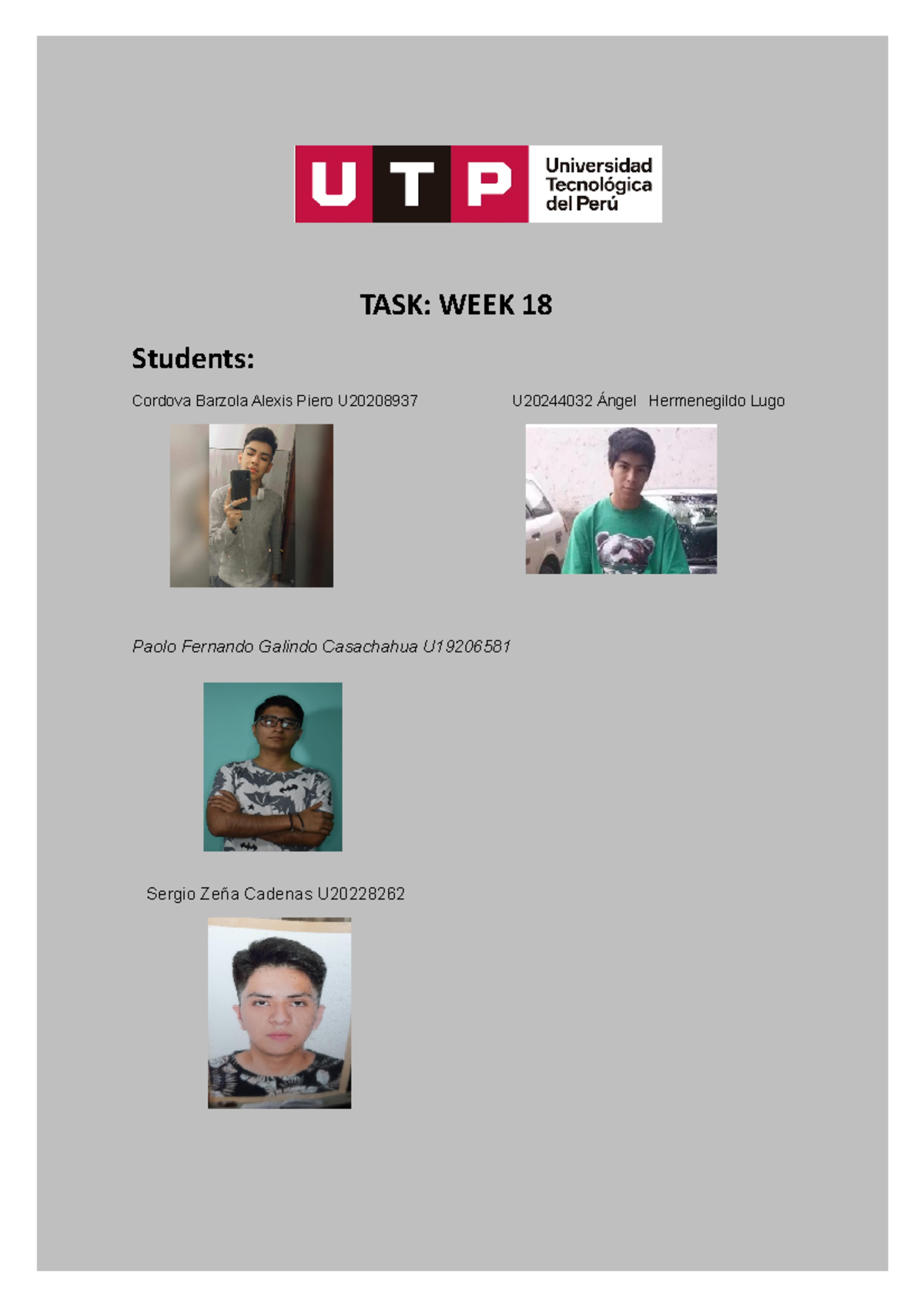 Ingles semana 18 - TASK: WEEK 18 Students: Cordova Barzola Alexis Piero U20208937 U20244032 ...