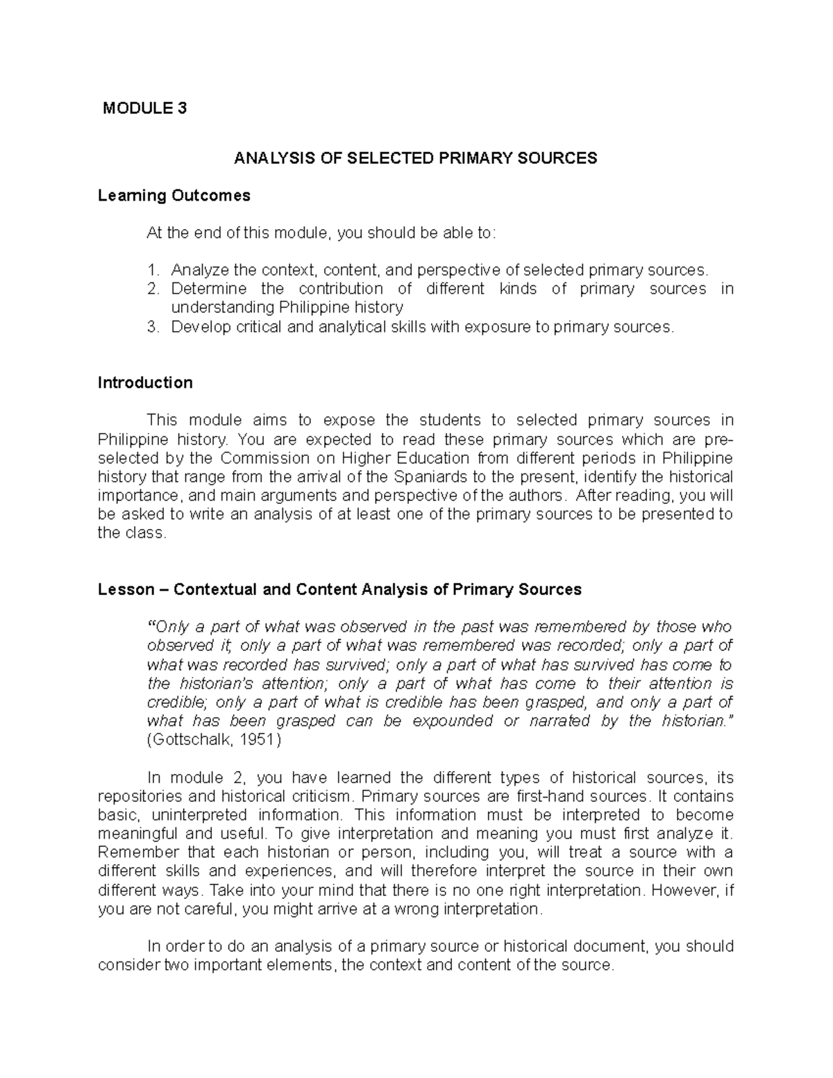 RPH mod 3 - fasdf - MODULE 3 ANALYSIS OF SELECTED PRIMARY SOURCES Learning Outcomes At the end ...