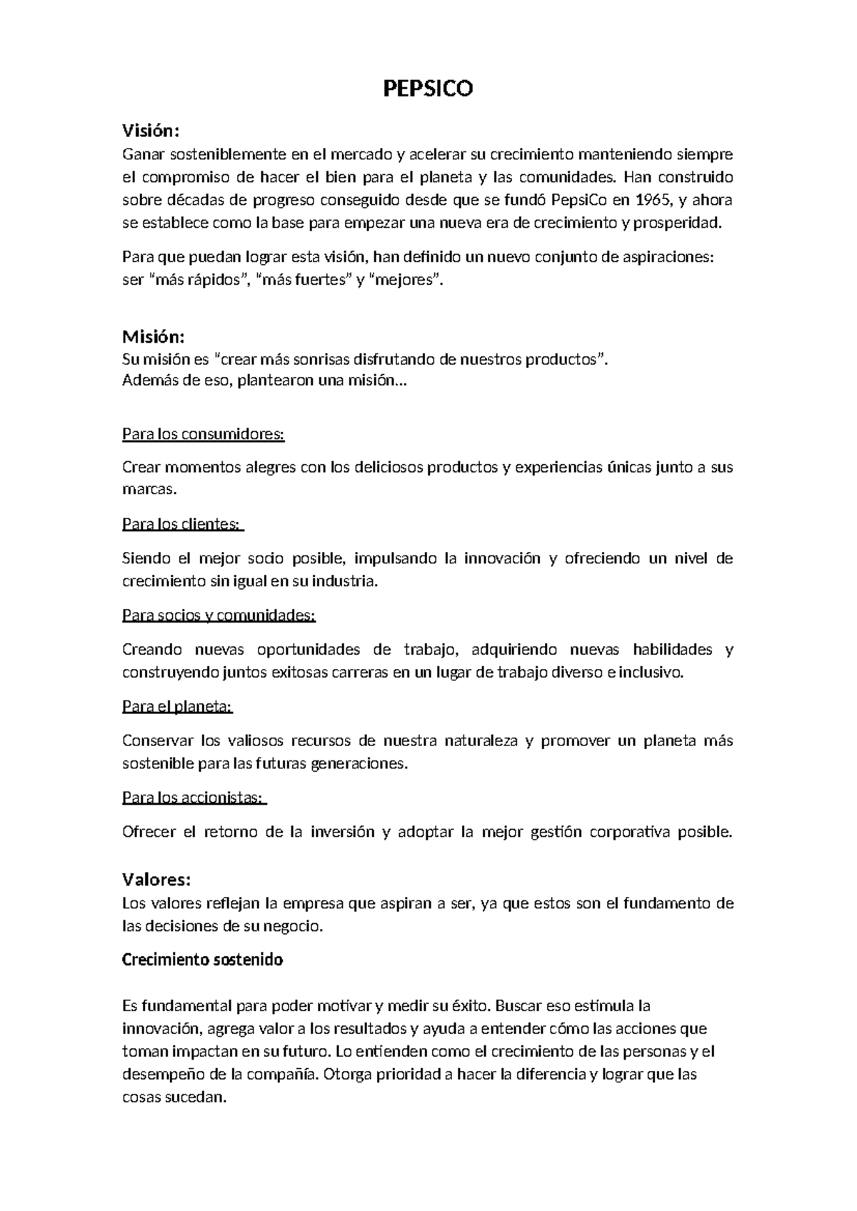 Visión, misión y valores PEPSICO - PEPSICO Visión: Ganar ...