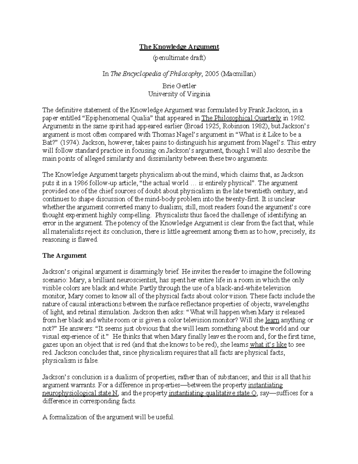 Brie Gertler - The Knowledge Argument - The Knowledge Argument (penultimate draft) In The - Studocu