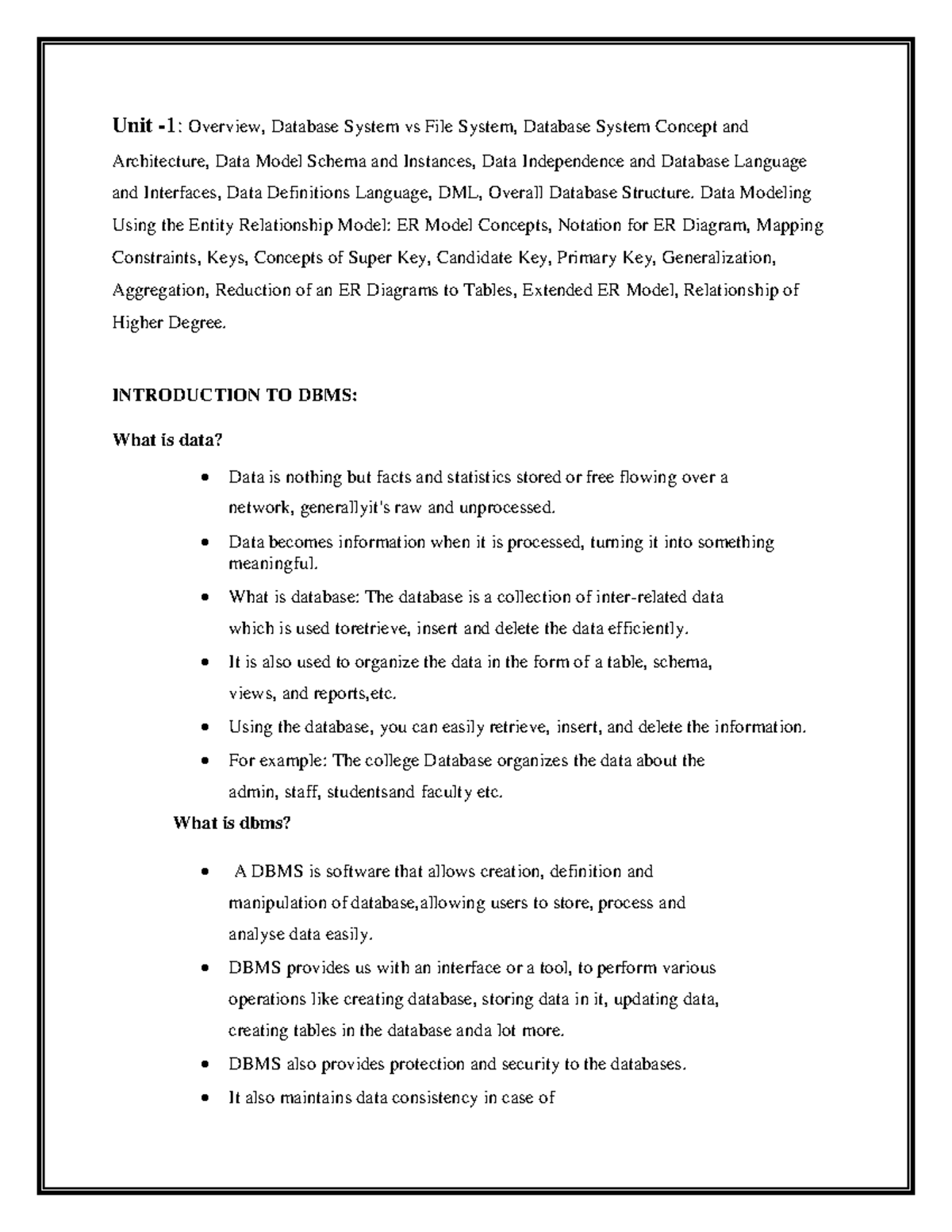 Unit 1 Notes Data Base Management System Unit 1 Overview Database System Vs File System