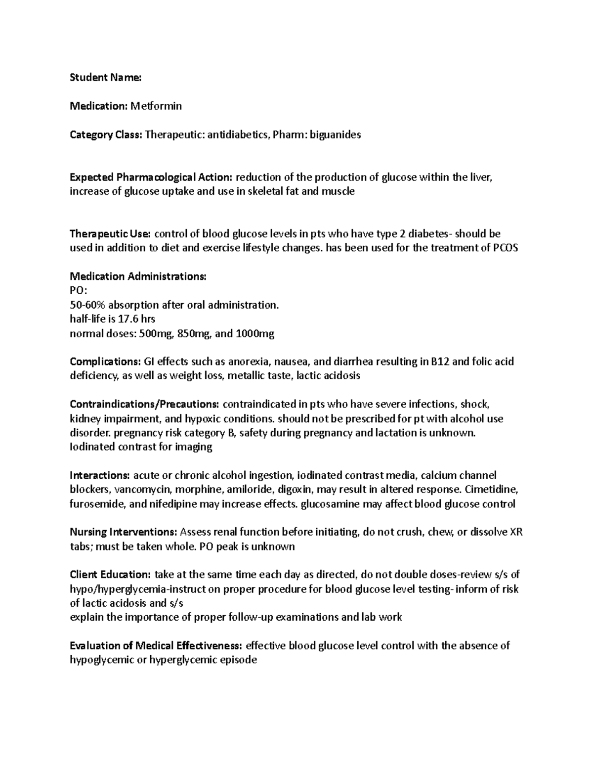 Metformin - Med card - Student Name: Medication: Metformin Category ...