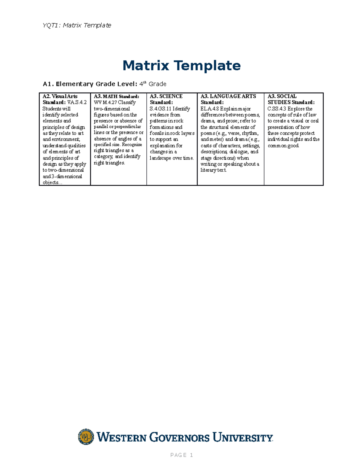 C105 Matrix - YQT1: Matrix Template Matrix Template A1. Elementary ...