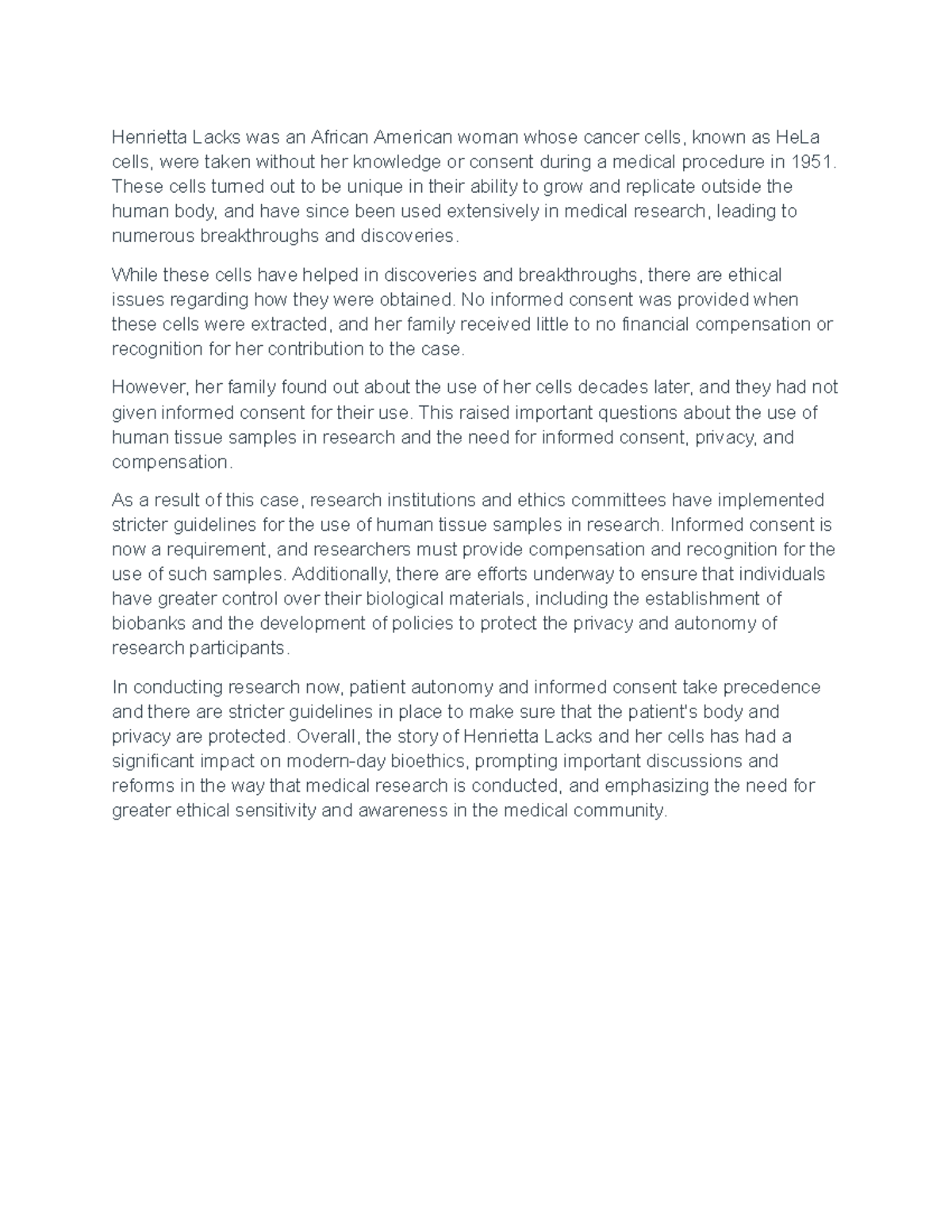 Blog Post 1 - Blog Post 6 - Bioethics - Henrietta Lacks was an African ...