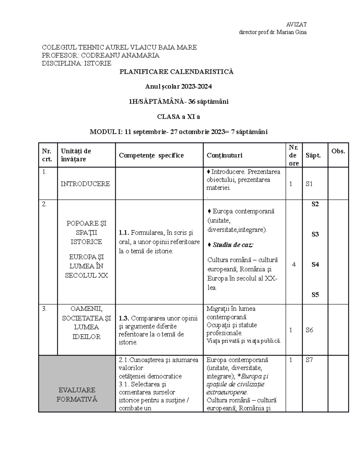 Planificare CalendaristicĂ - director prof. Marian Gina COLEGIUL TEHNIC ...