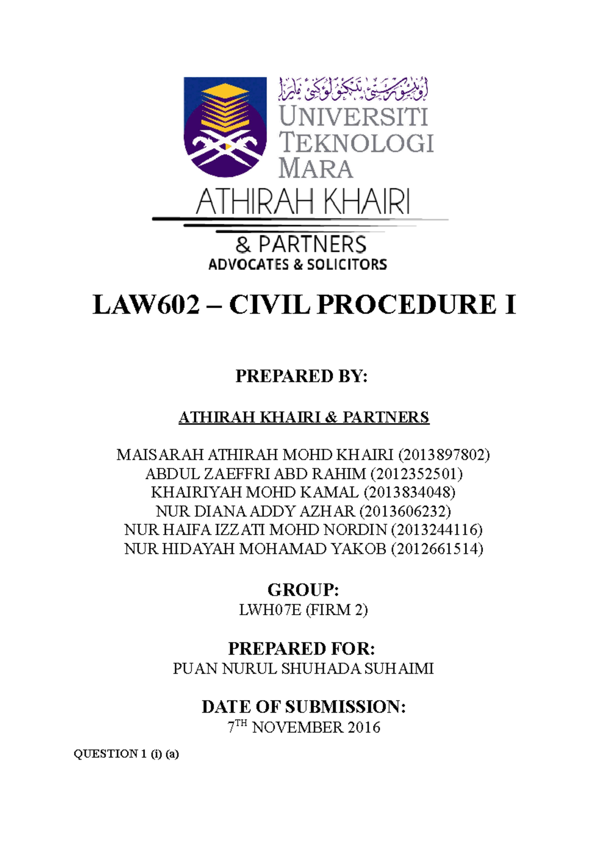 Civil PYQ 2 - Sample - LAW602 – CIVIL PROCEDURE I PREPARED BY: ATHIRAH KHAIRI & PARTNERS - Studocu